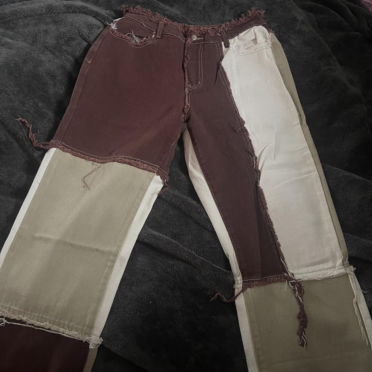 medium brown color block jeans - Depop