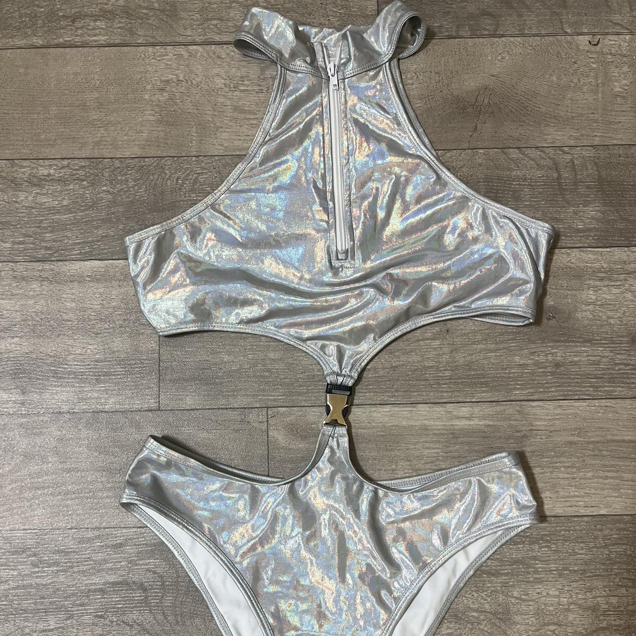 DOLLS KILL metallic zipper cut out bodysuit 🪩 #rave... - Depop