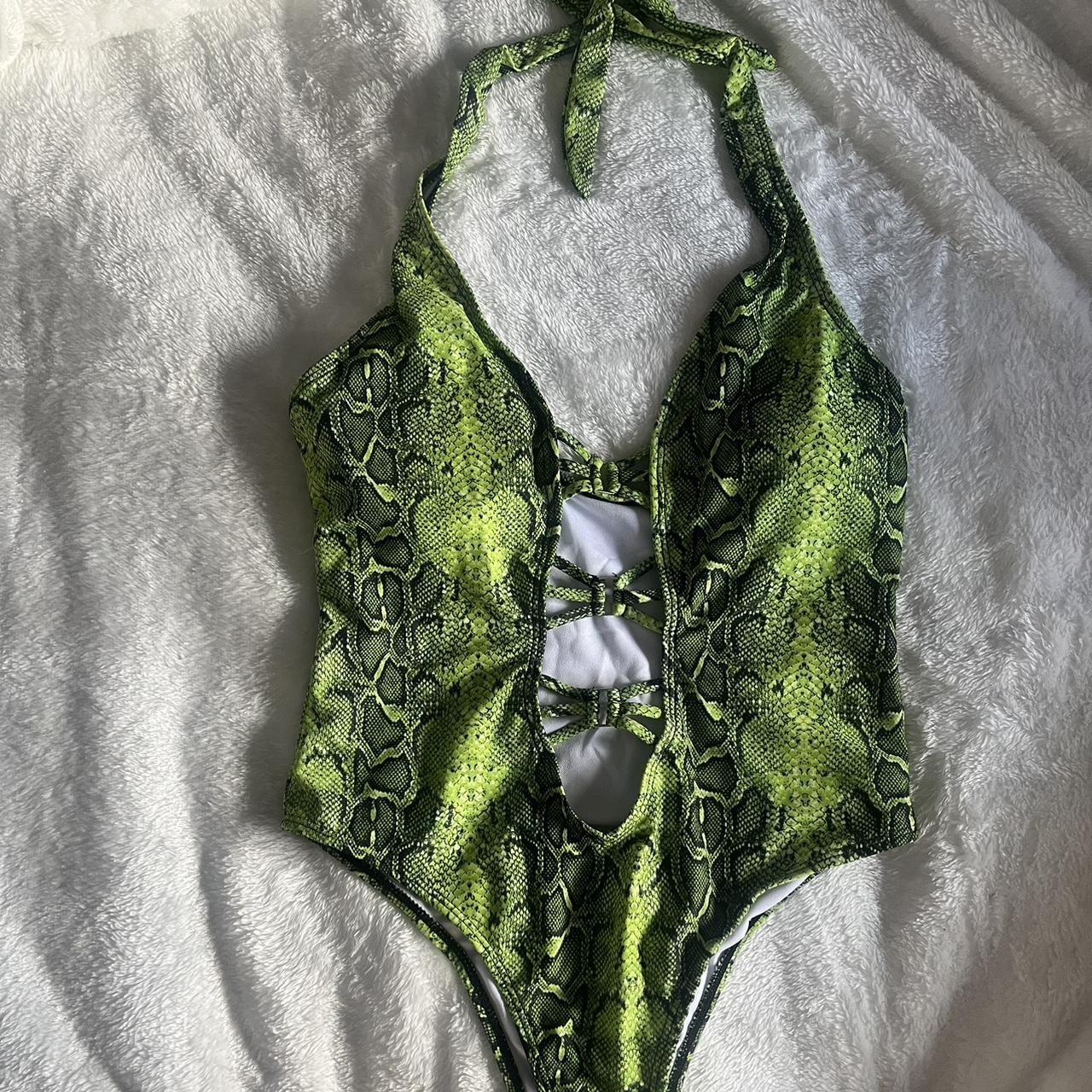 Green snakeskin one-piece bathing suit from shein - Depop