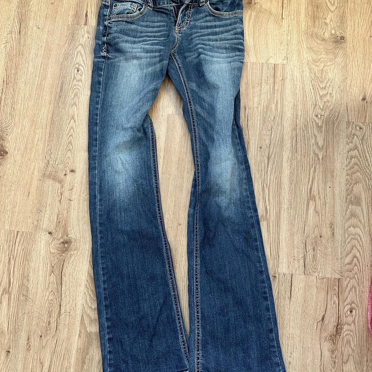 blue flare jeans with bedazzled pockets, size one in... - Depop