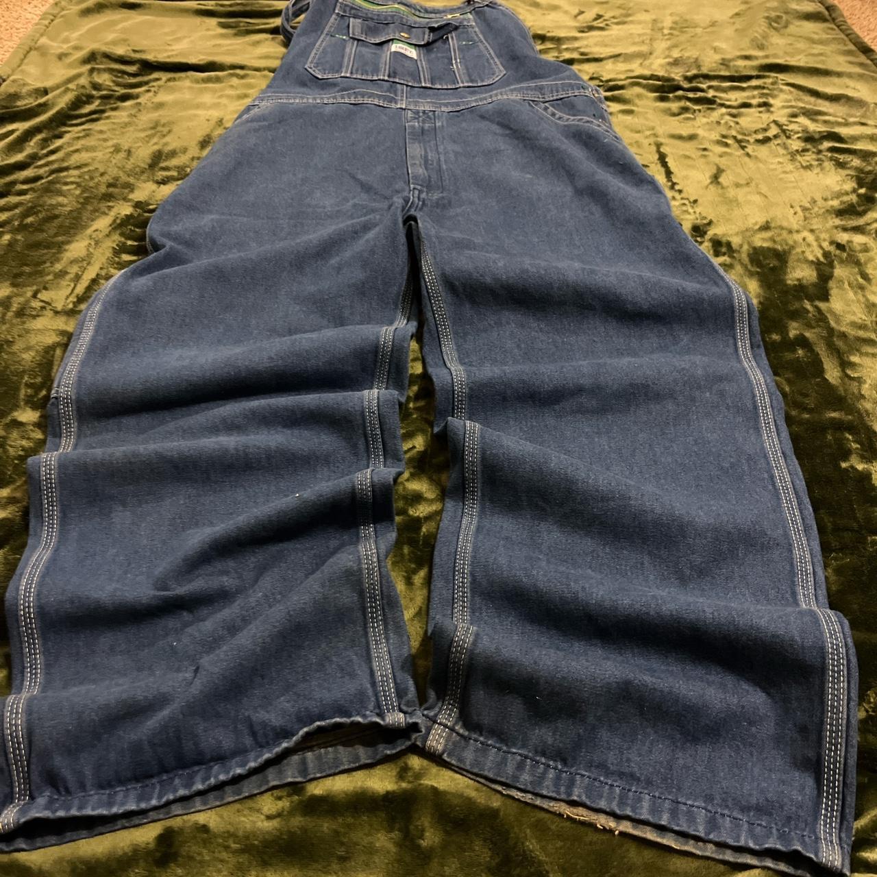 Navy blue denim overalls with white stitching | Depop