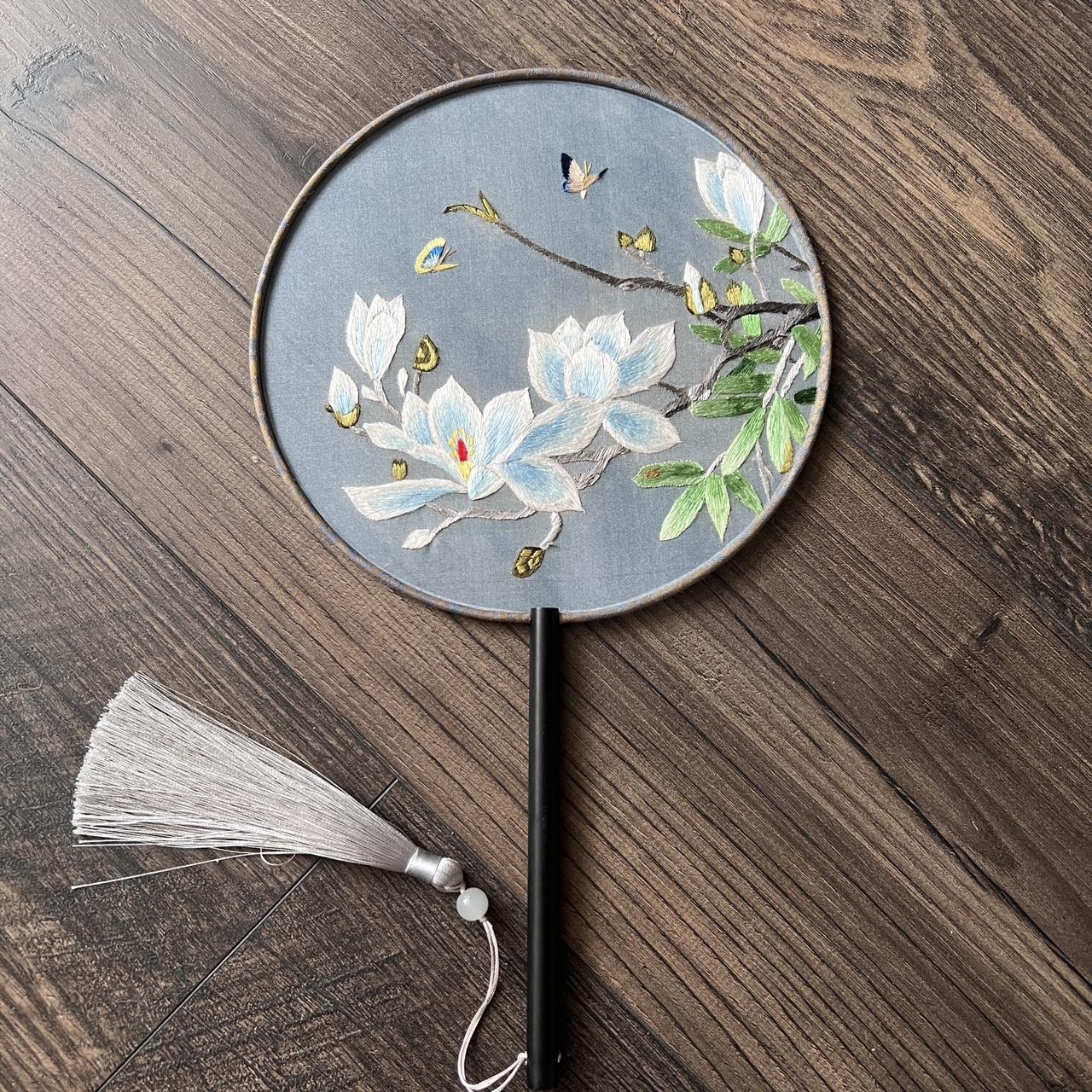 Chinese handheld fan with embroidery. Total length... - Depop