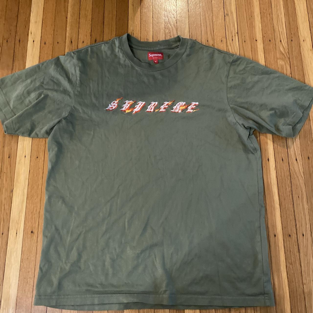 Olive green supreme fire logo tee used minimal signs... - Depop