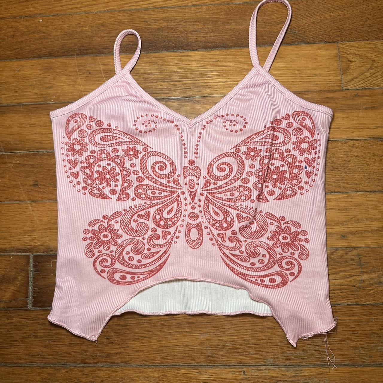 Pink butterfly crop top with open middle on the... - Depop