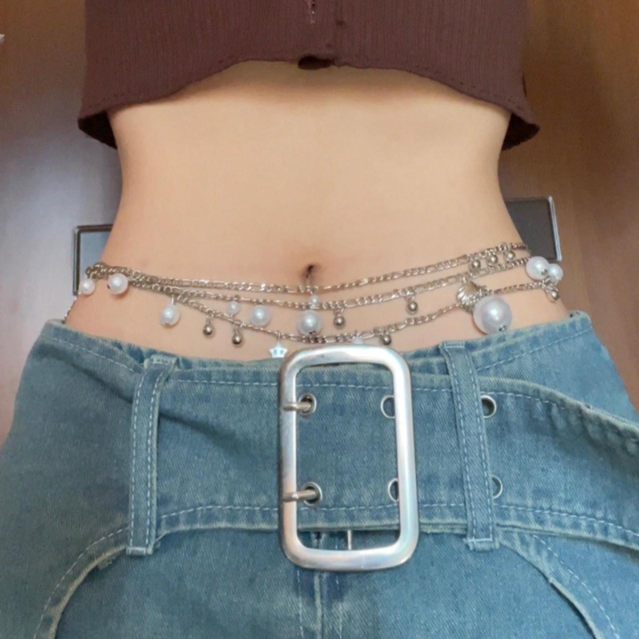 silver three-layer pearl shell waist chain length is... - Depop