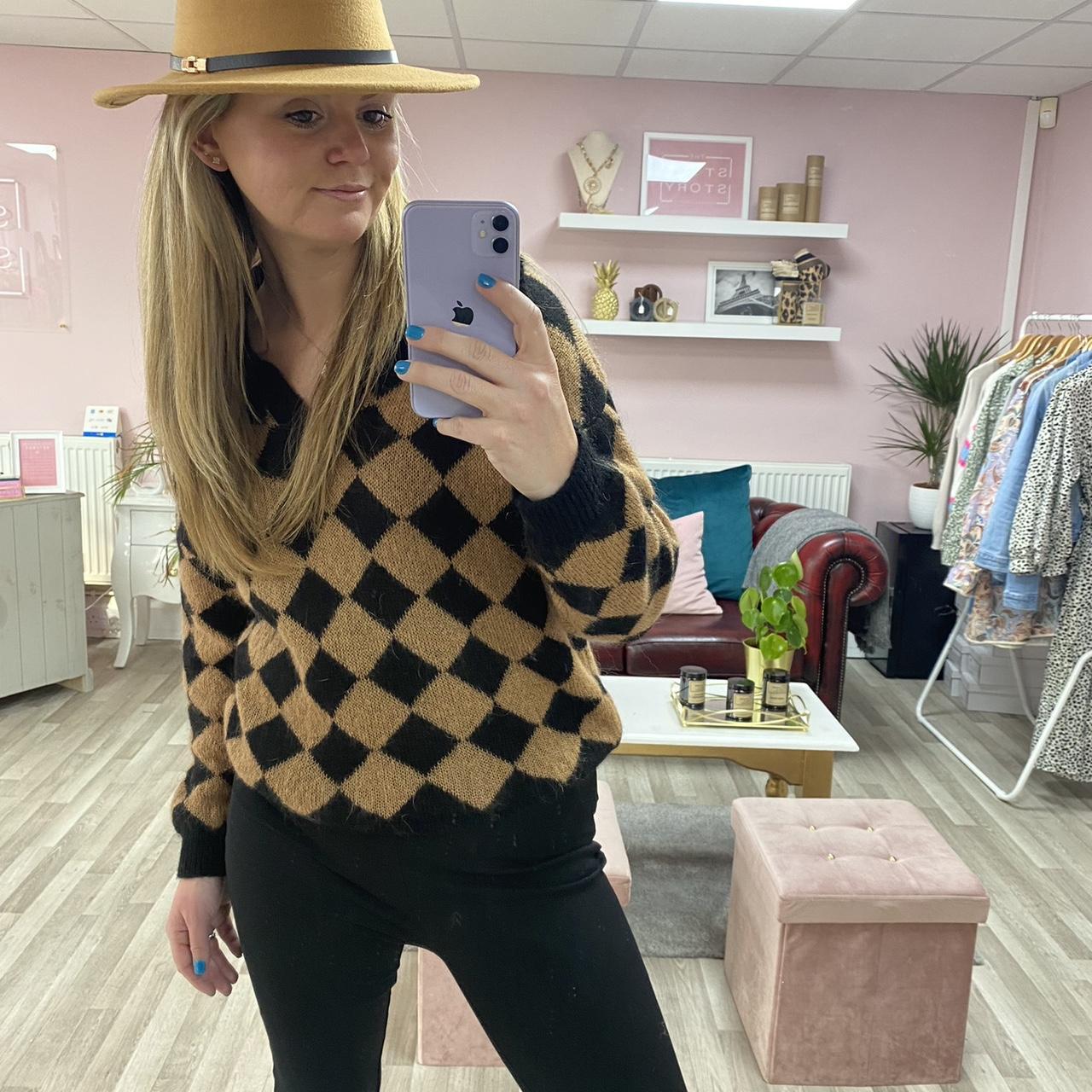 Checker Board Open Collar Jumper - Depop