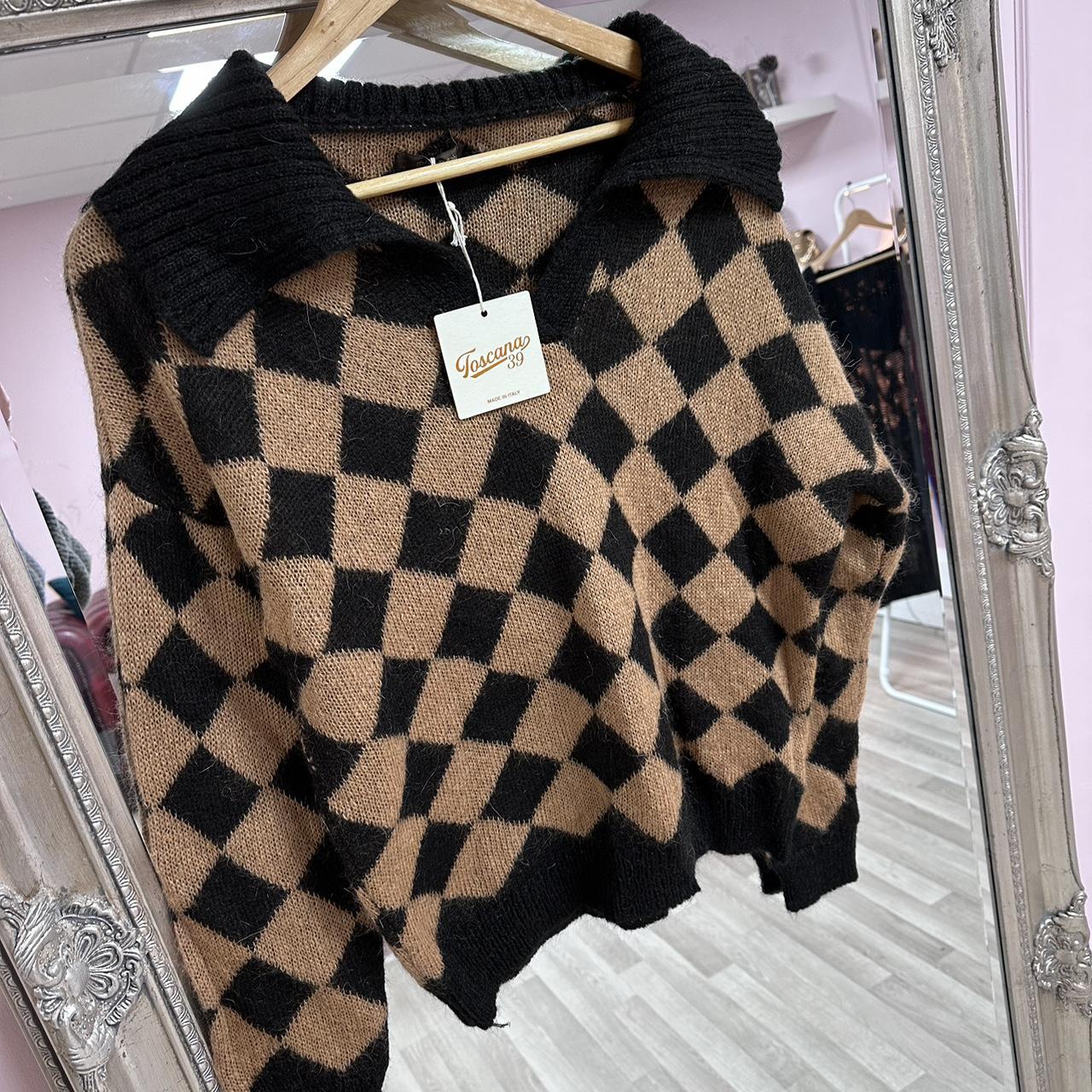 Checker Board Open Collar Jumper - Depop