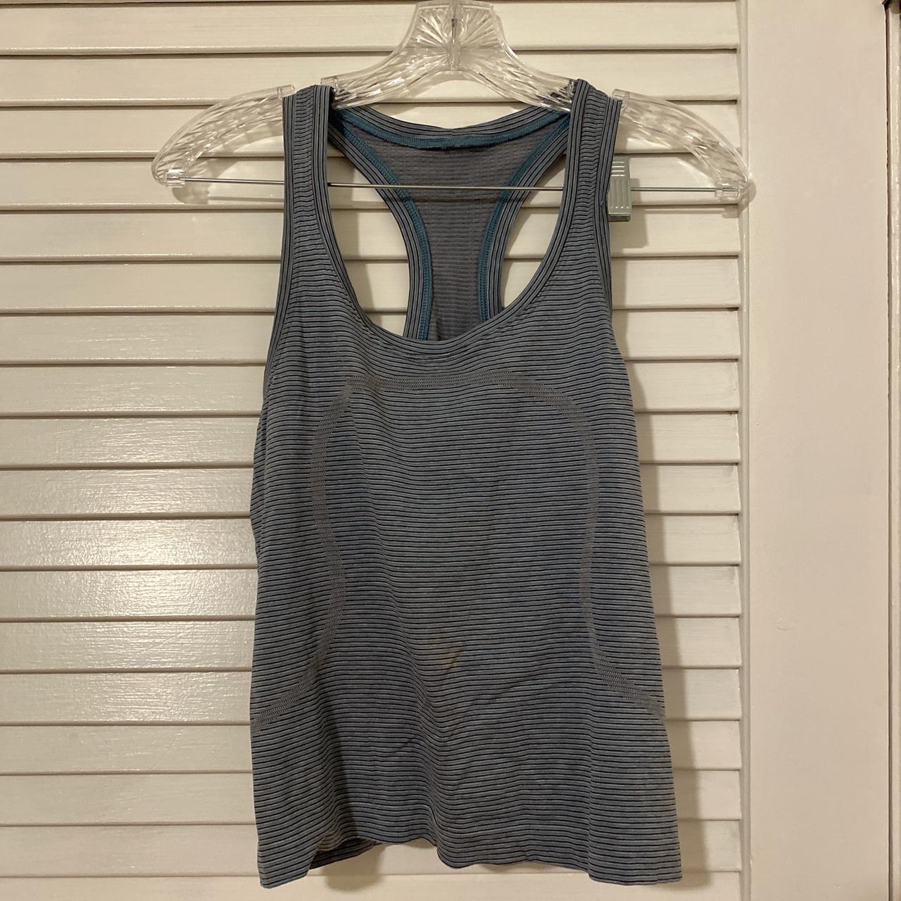 Lululemon blue black and grey striped racerback tank... - Depop