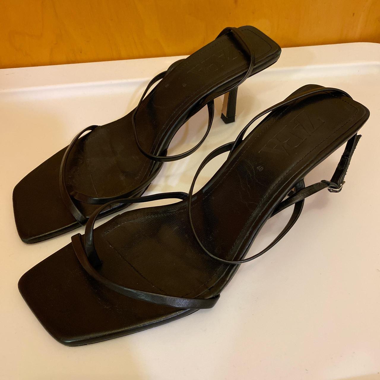 Zara square toe strappy kitten heel leather... - Depop