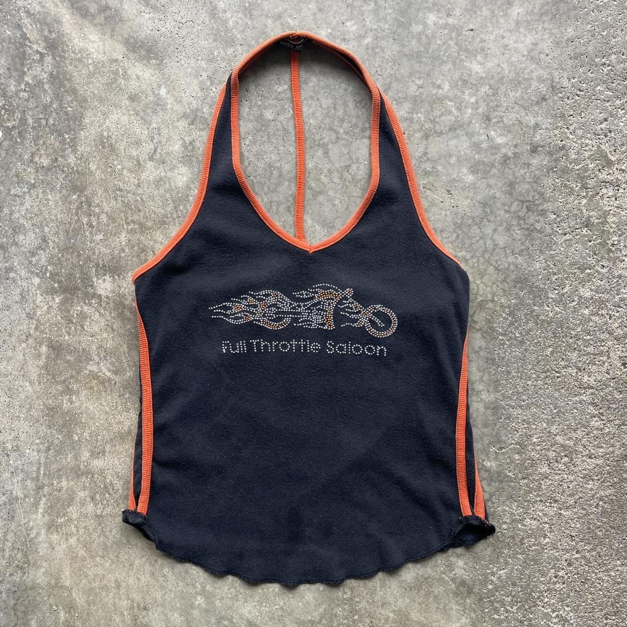Vintage / Y2K Black and Orange Motorcycle Tank Top/... | Depop