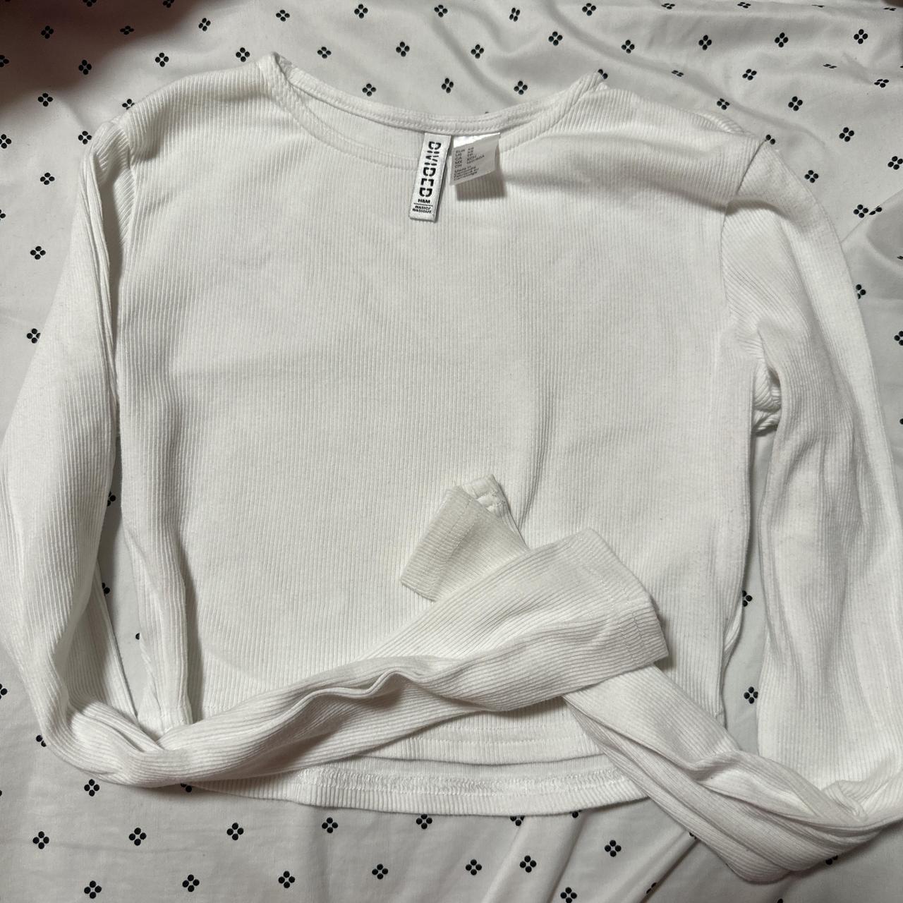 h&m white cropped long sleeve ribbed! size xs - Depop
