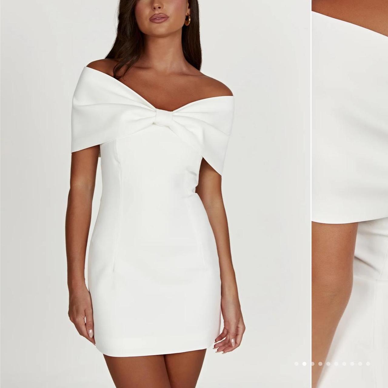 Meshki off the shoulder bow mini dress in white Will... - Depop