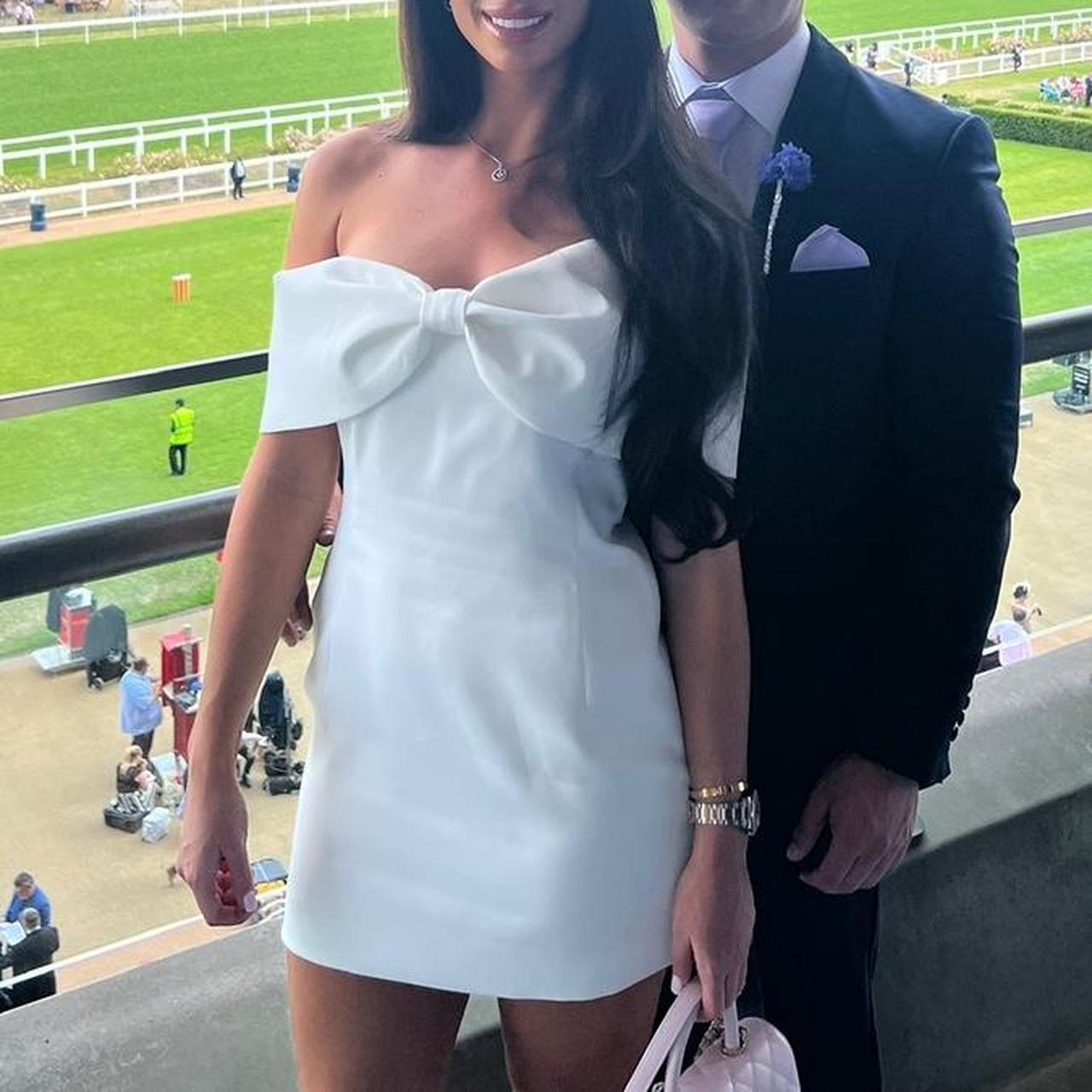 Meshki off the shoulder bow mini dress in white Will... - Depop