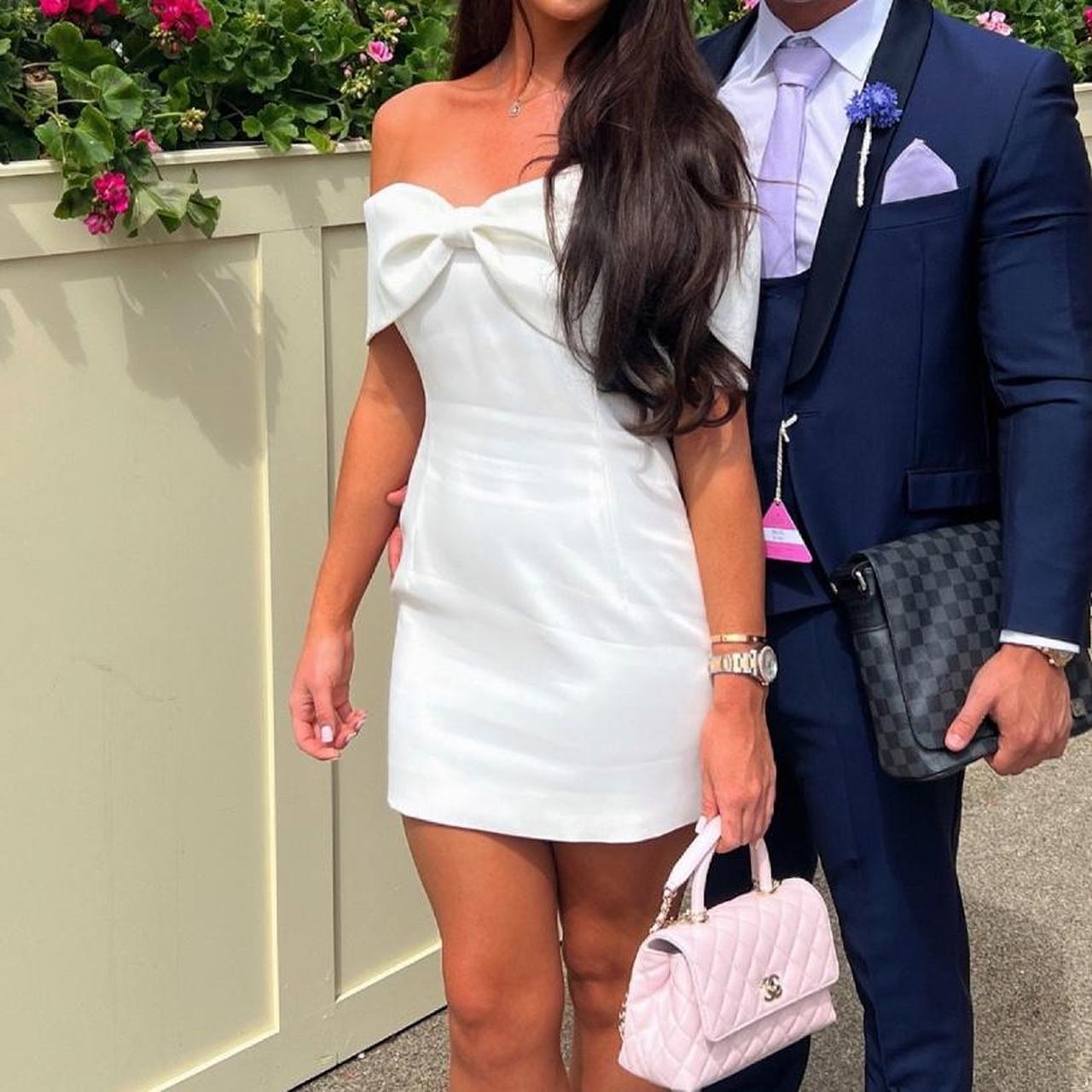 Meshki off the shoulder bow mini dress in white Will... - Depop