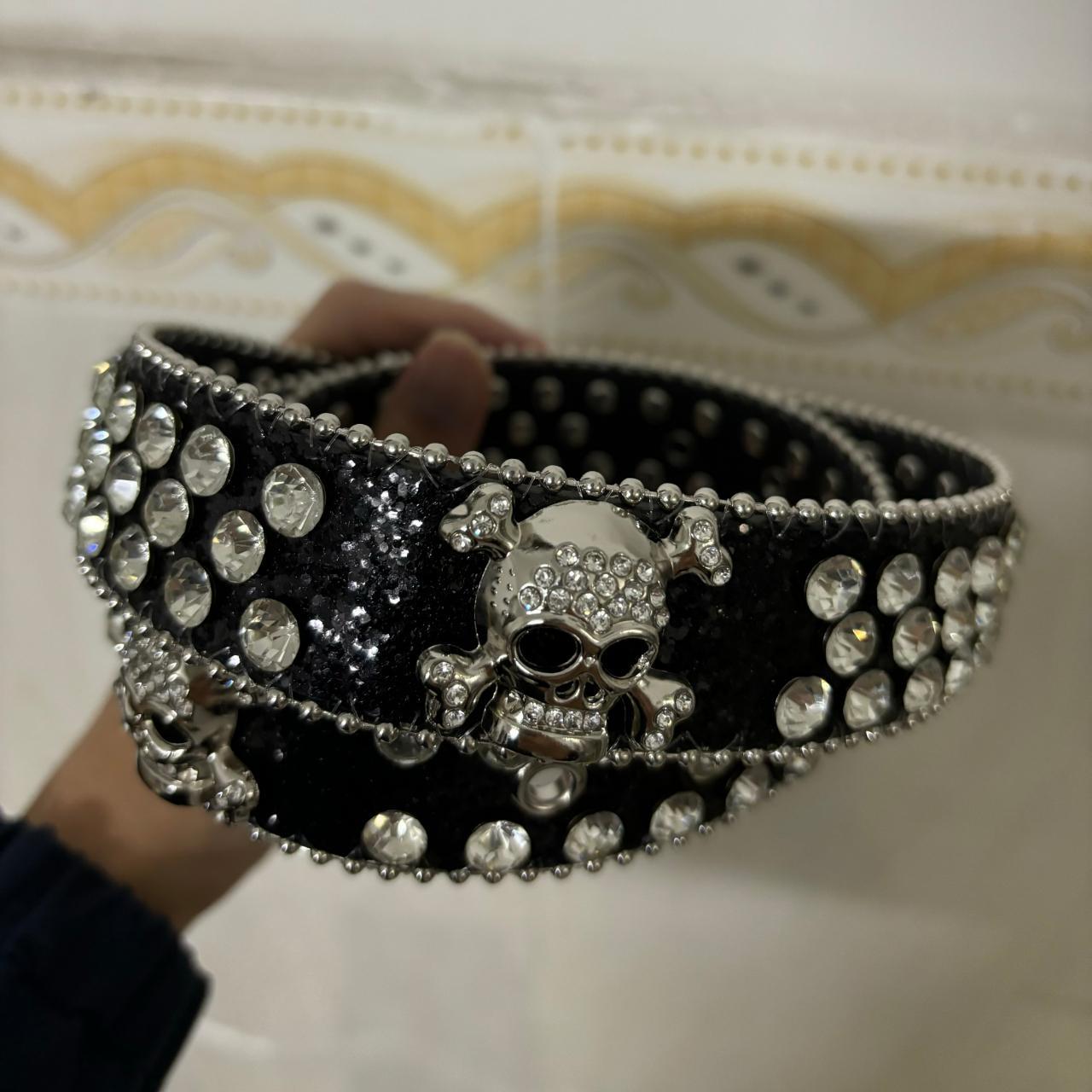 Black Vintage Shining Studded Skull Buckle Belt,... | Depop