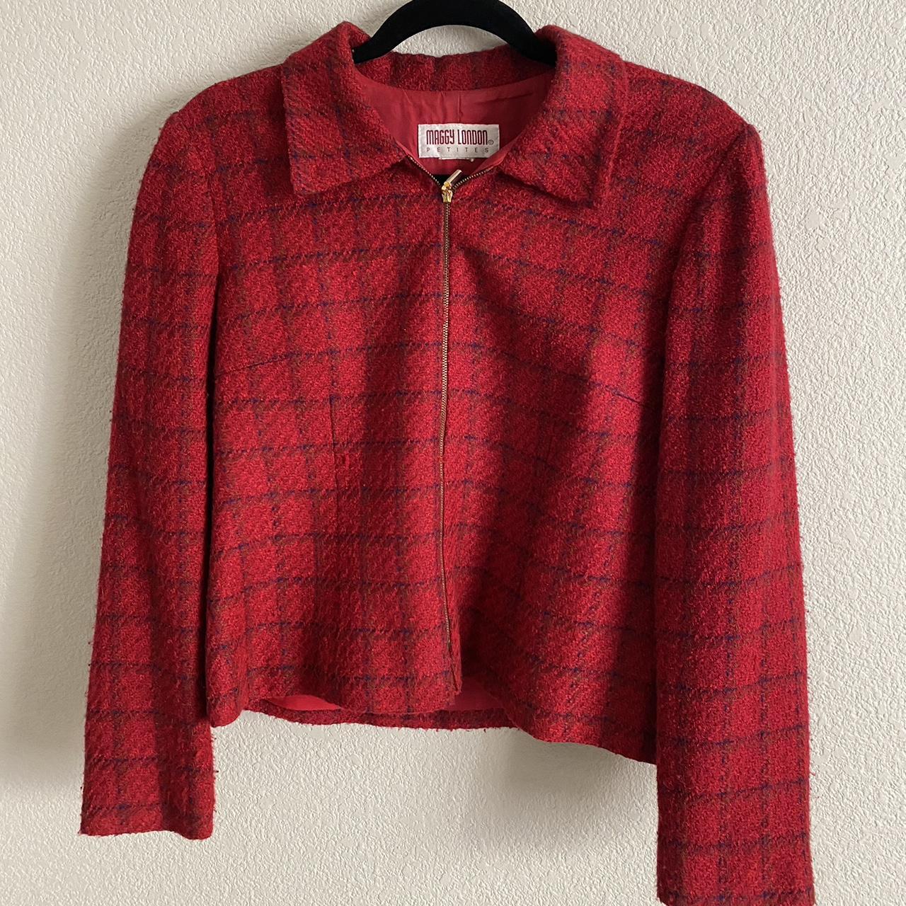 Vintage Maggy London red collared jacket with gold... - Depop
