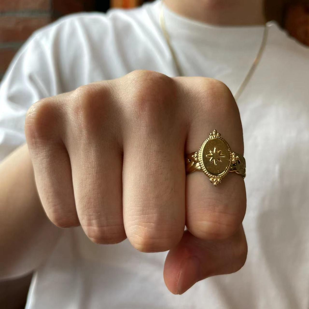 18K Gold Plated Hexagram Signet Open Ring 18k gold... - Depop