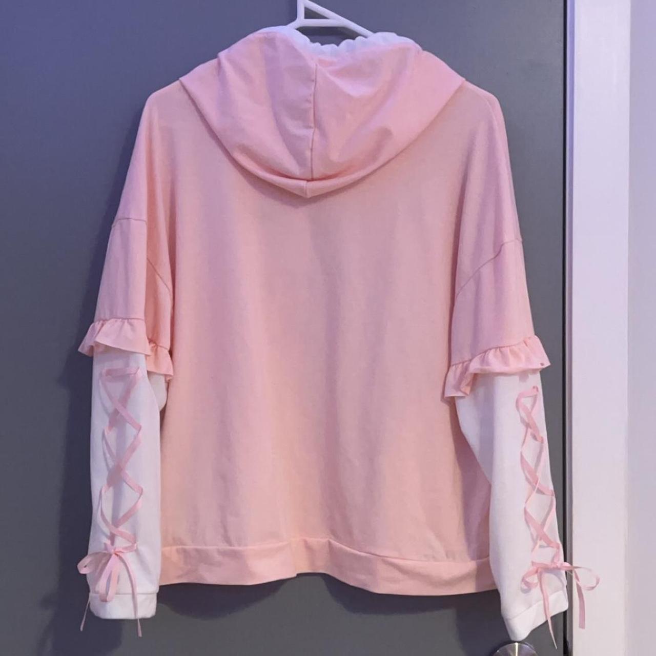 cute pastel pink lace ribbon strawberry hoodie, worn... - Depop