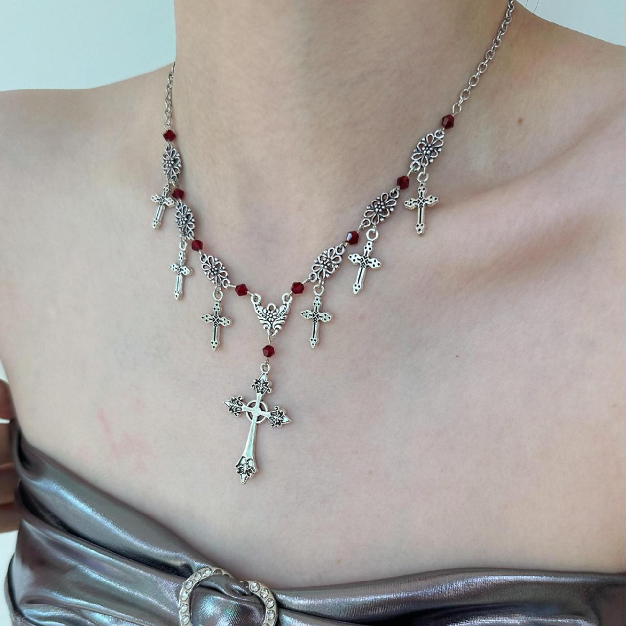 gothic silver vintage cross necklace length: about... - Depop