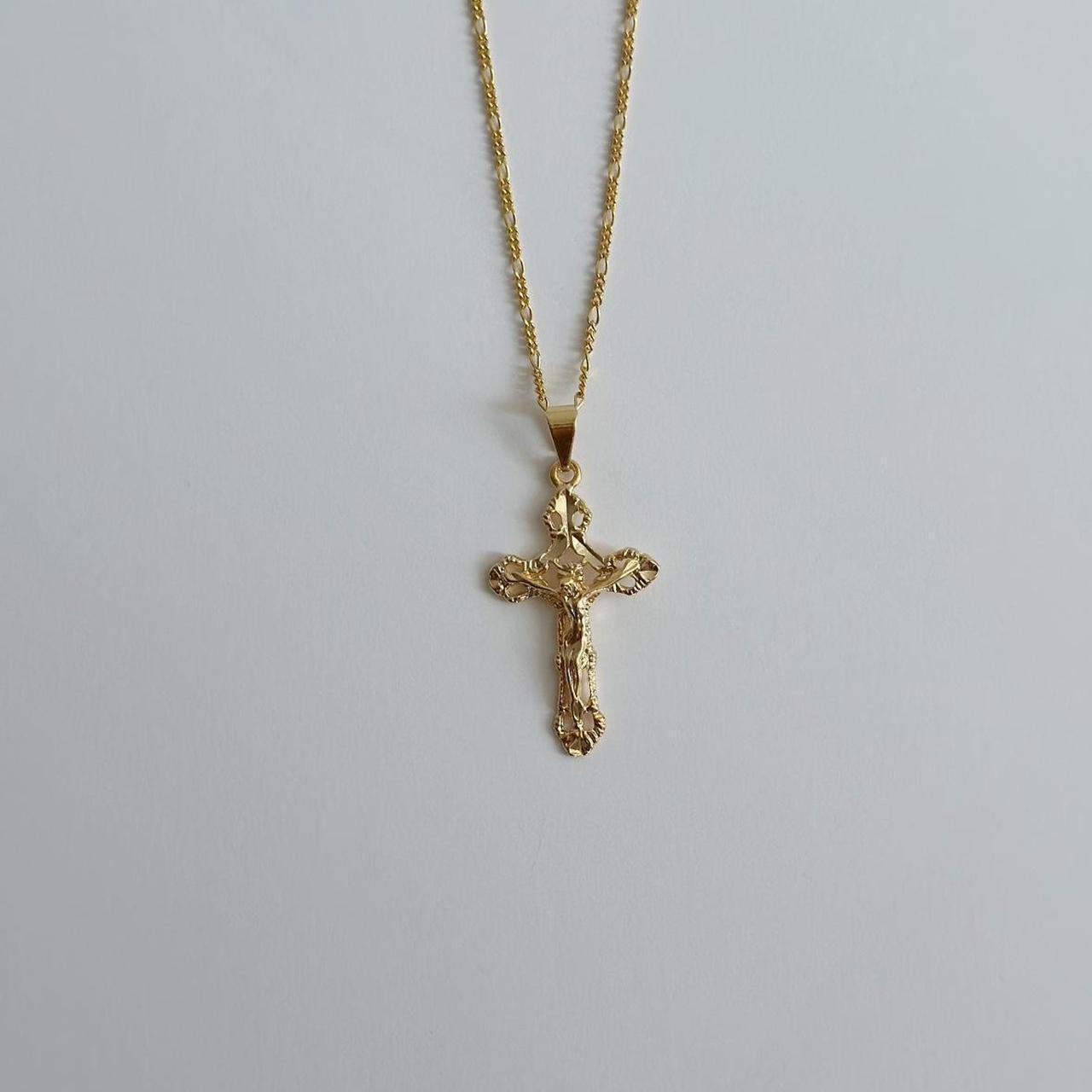 Gold cross pendent firago chain necklace Length... - Depop