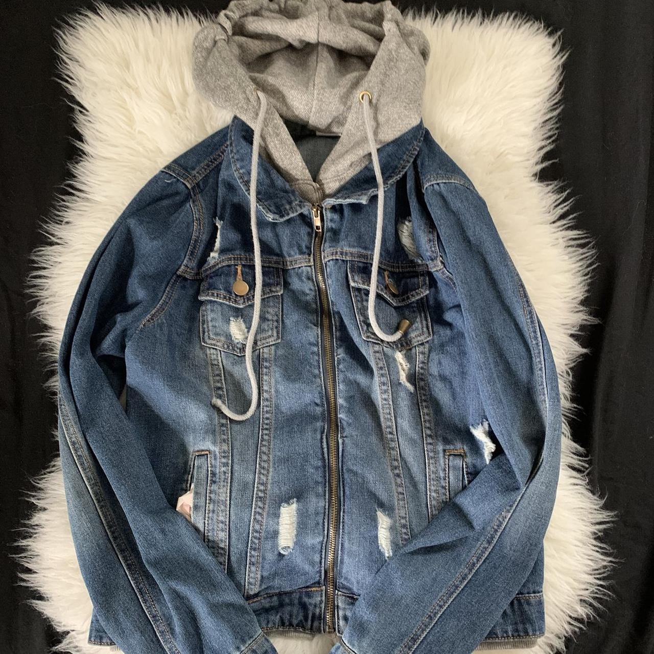 Zip up distressed jean jacket with grey hoodie and... - Depop