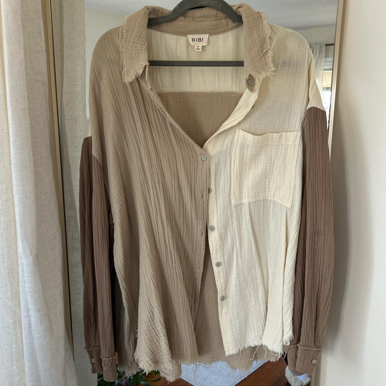 BIBI oversized summer button up neutral color block... - Depop