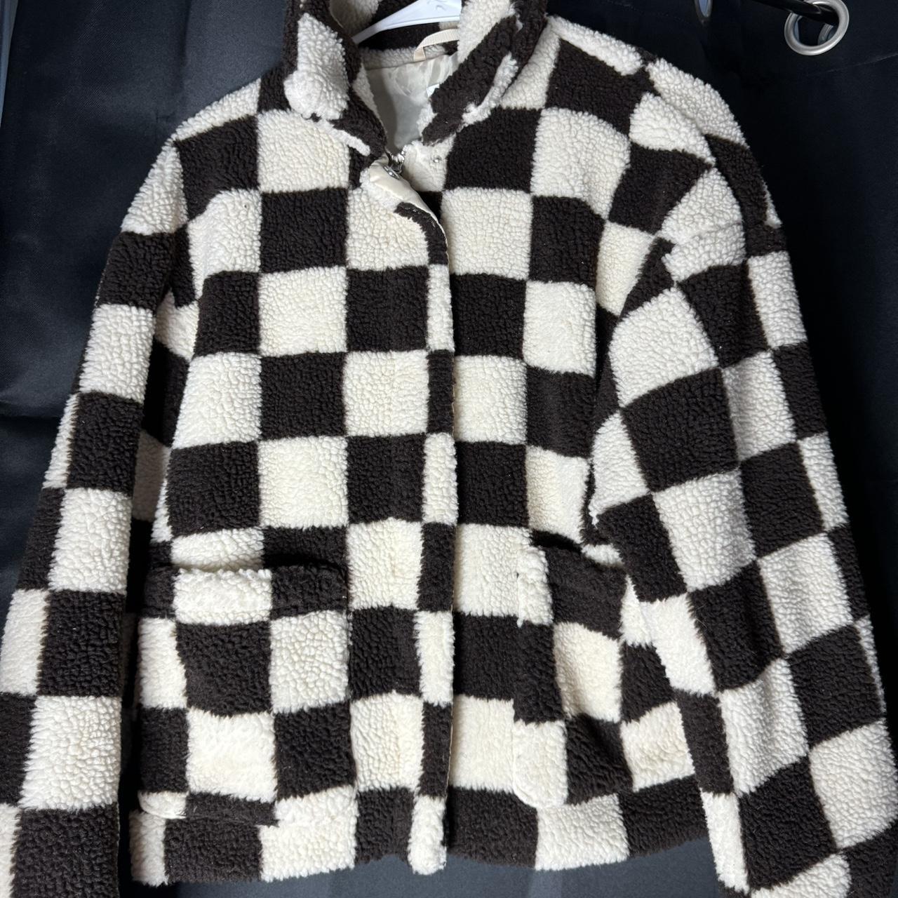 brown and white checkered fleece jacket - Depop
