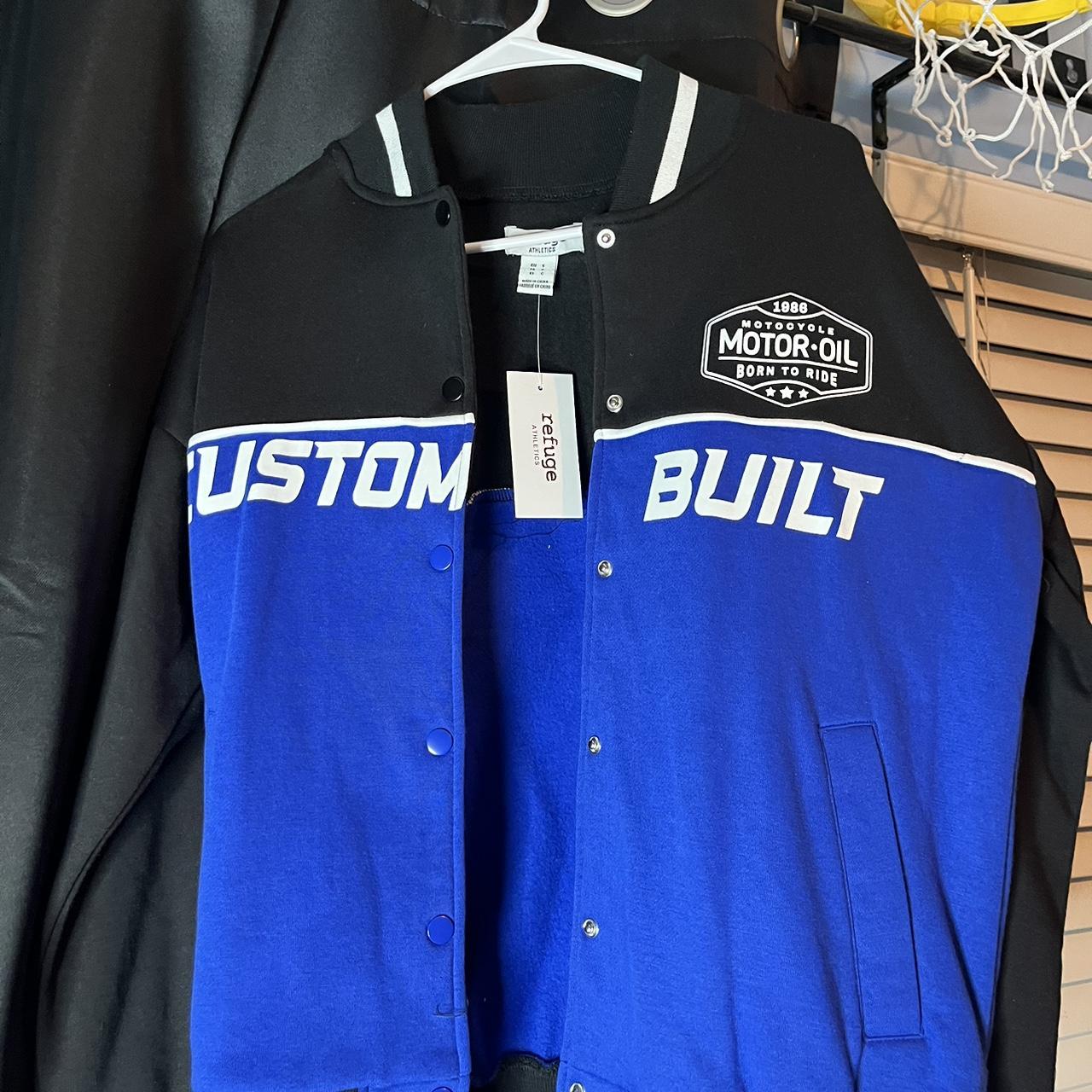 black and blue racer jacket - Depop