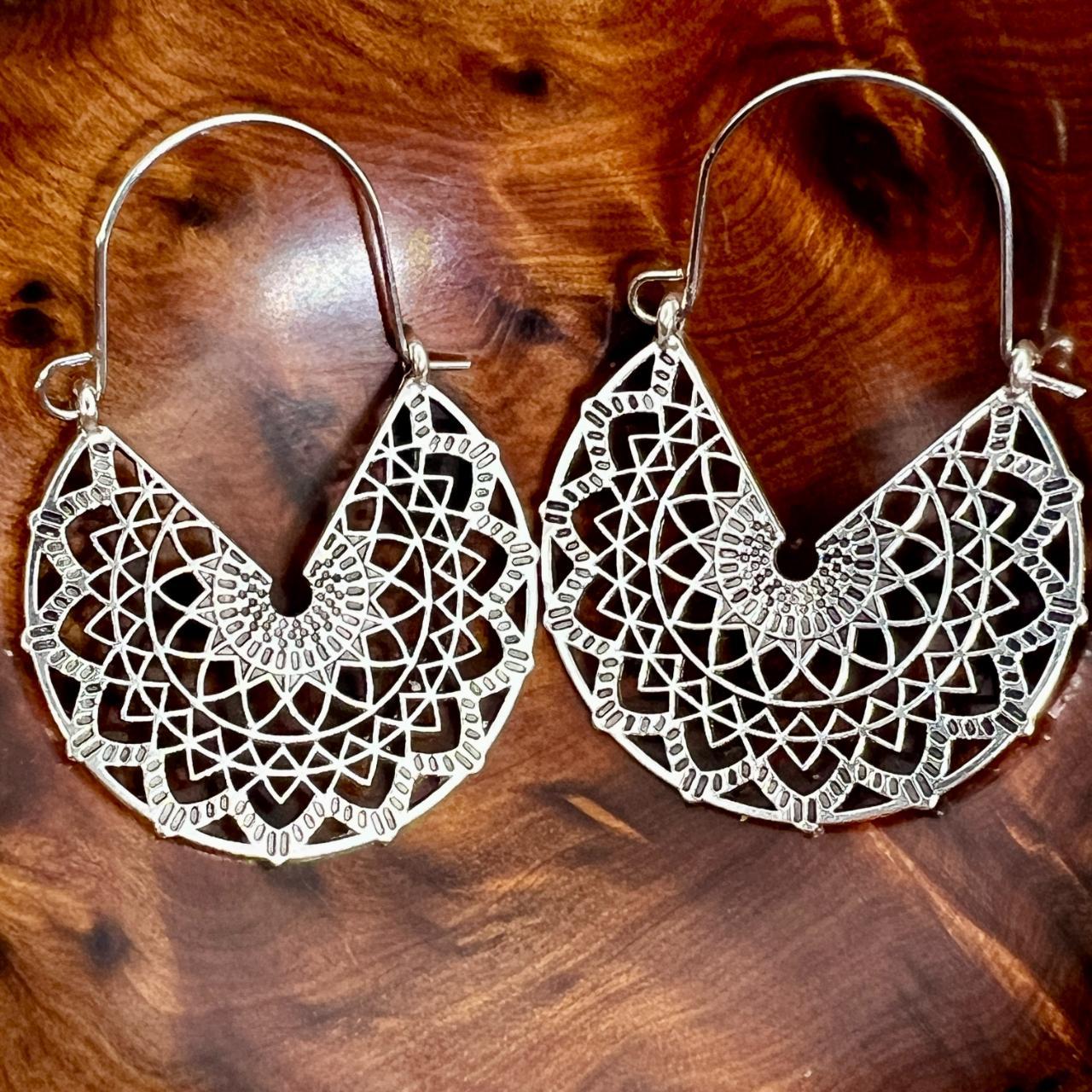 Boho Mandala Hoops - Antique Silver Style H 4.7CM W... - Depop