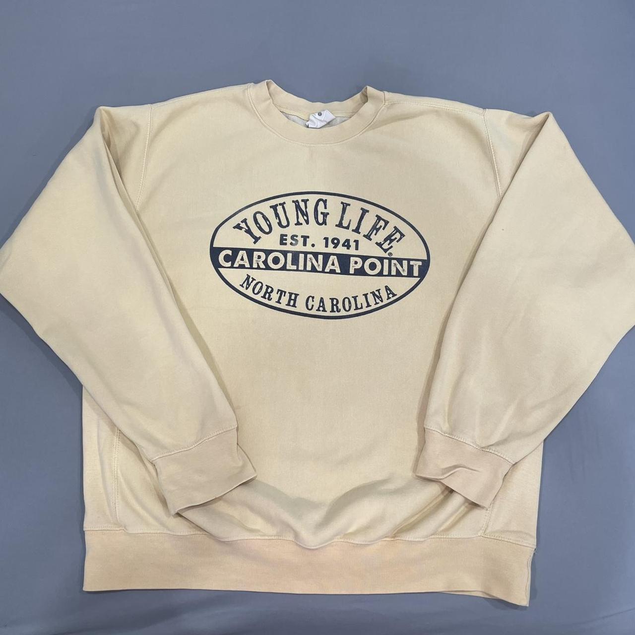 Cream and blue vintage Young Life Carolina Point... | Depop