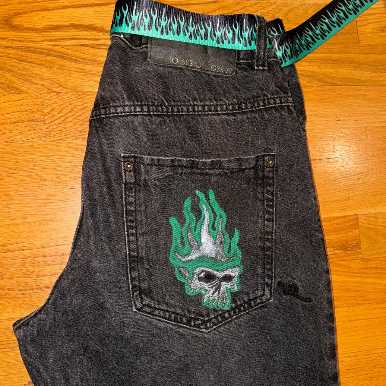 2000’s ROCAWEAR Jnco-Like Flaming Skull Green Custom... - Depop
