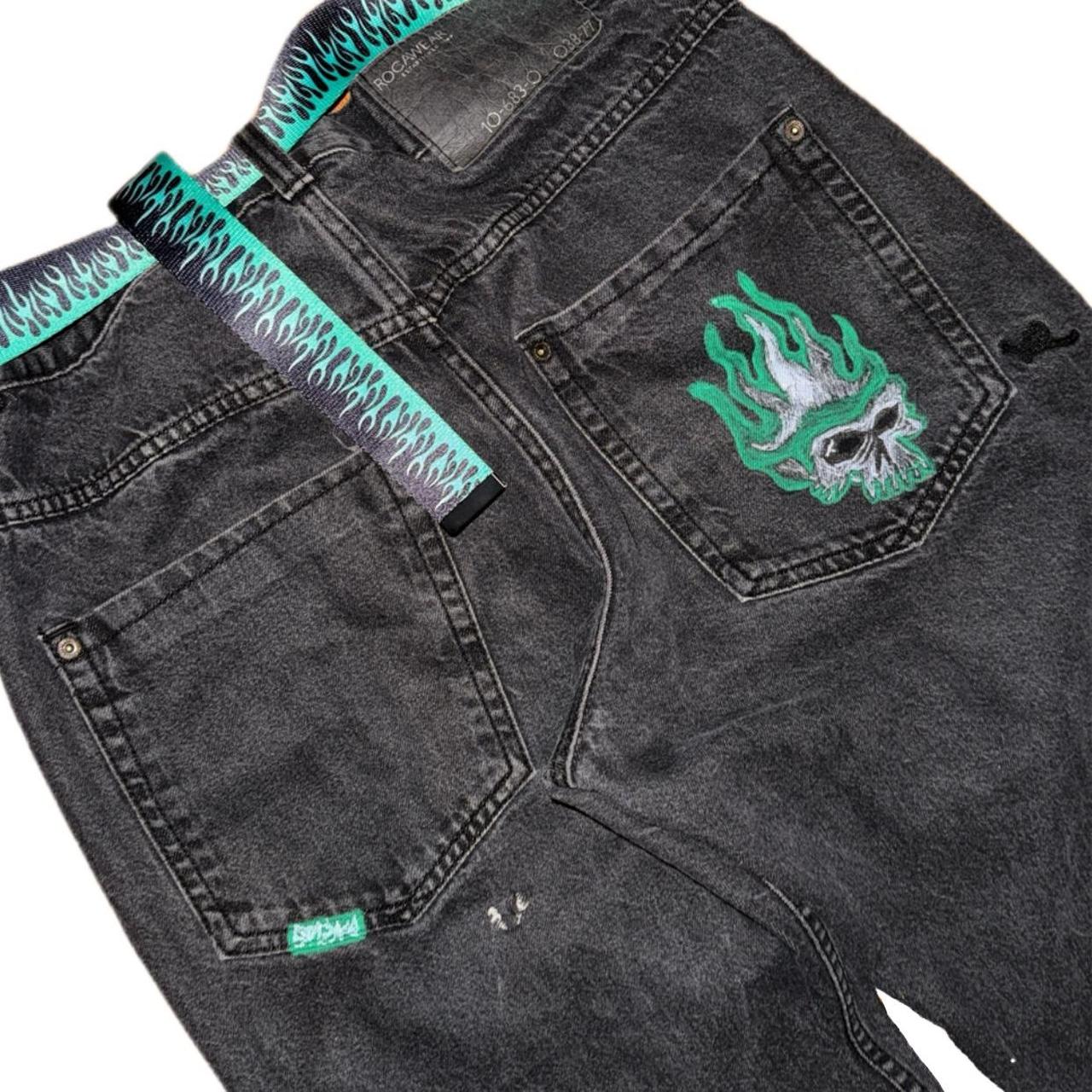 2000’s ROCAWEAR Jnco-Like Flaming Skull Green Custom... - Depop