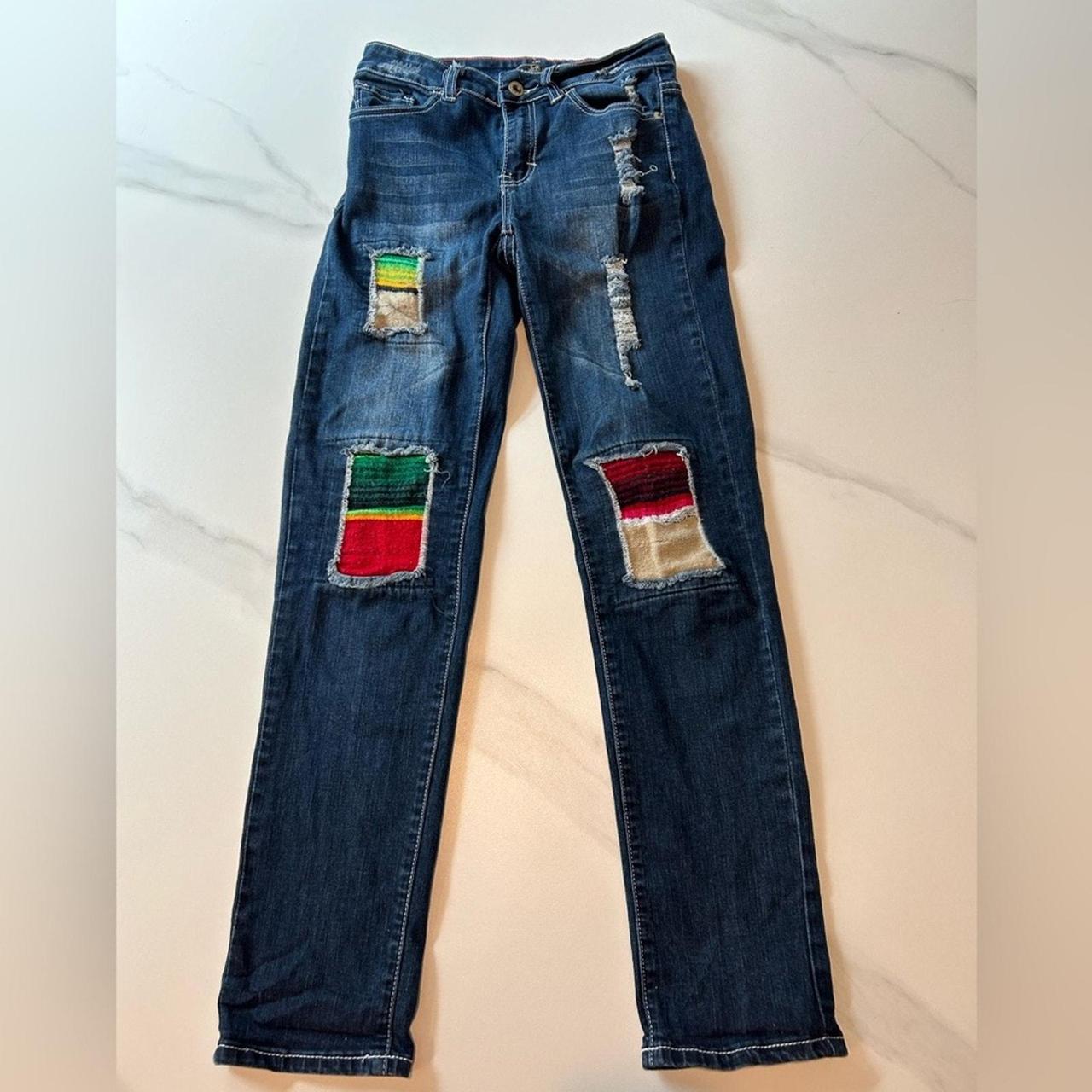 Lucky & Blessed Jeans Serape Inlay Patch Distressed... - Depop
