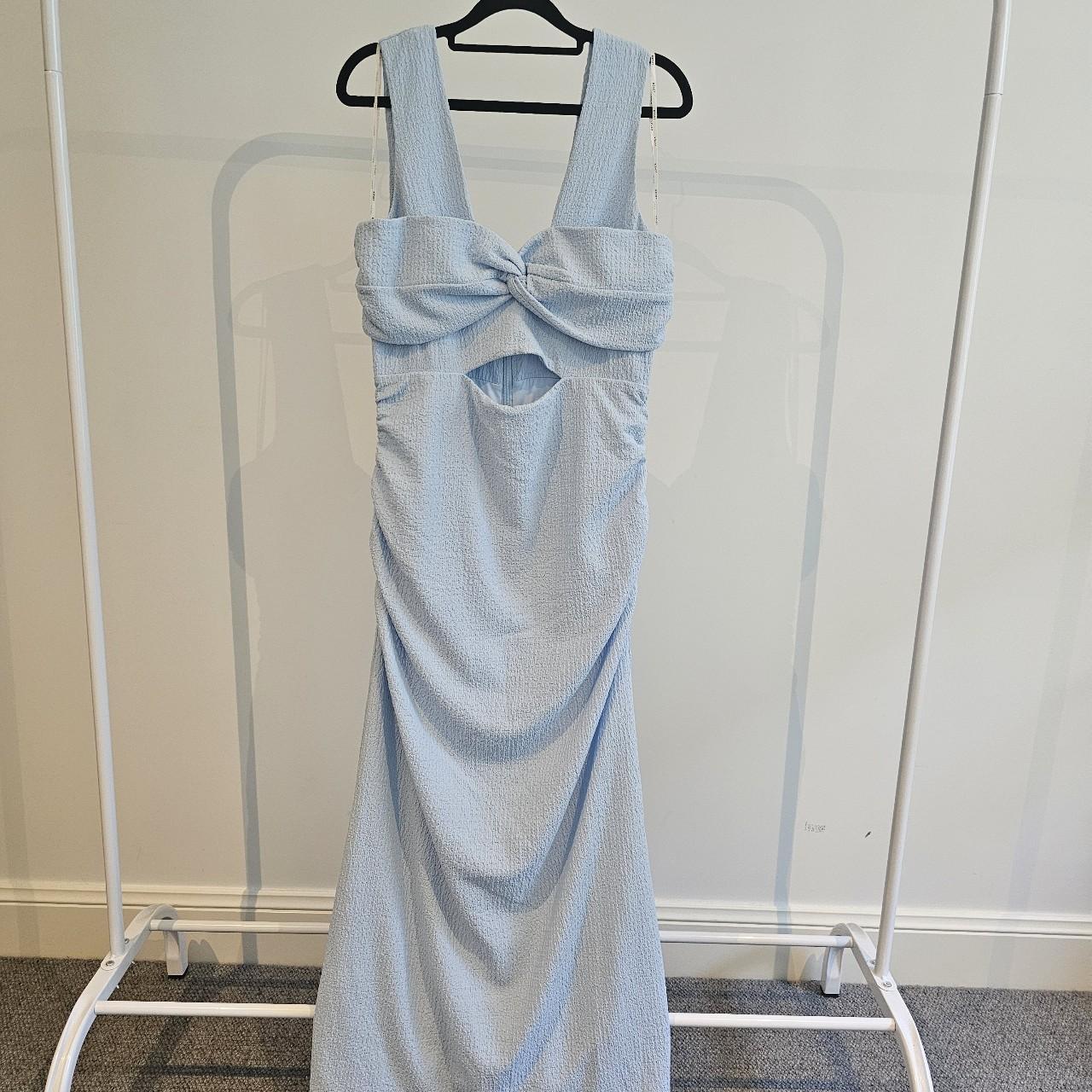 Baby blue midi dress with cut-out detail and ruched... | Depop