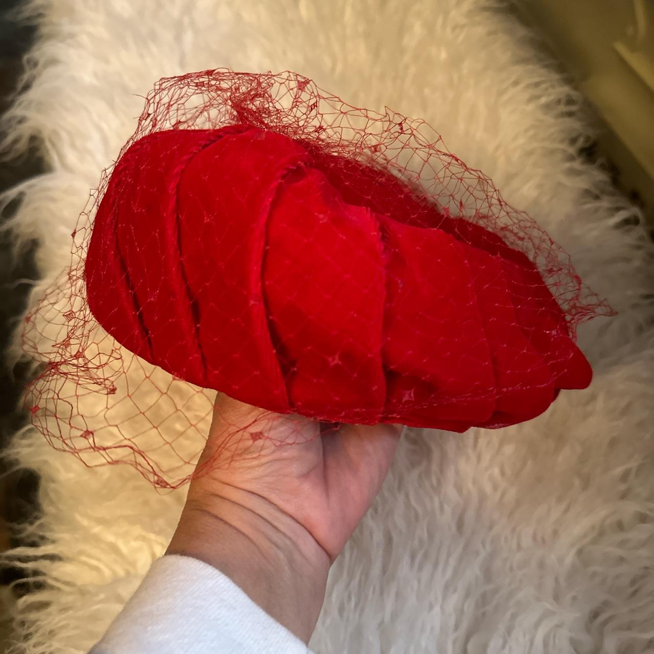 Vintage Red Velvet Hat with Veil - Depop