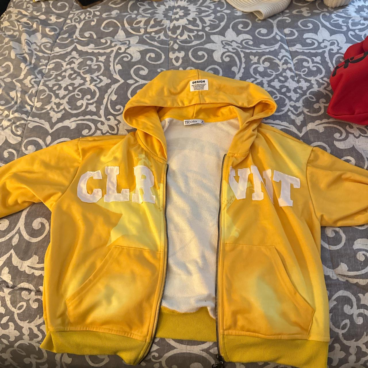 Clrvnt Yellow and white zip-up hoodie style designer... | Depop