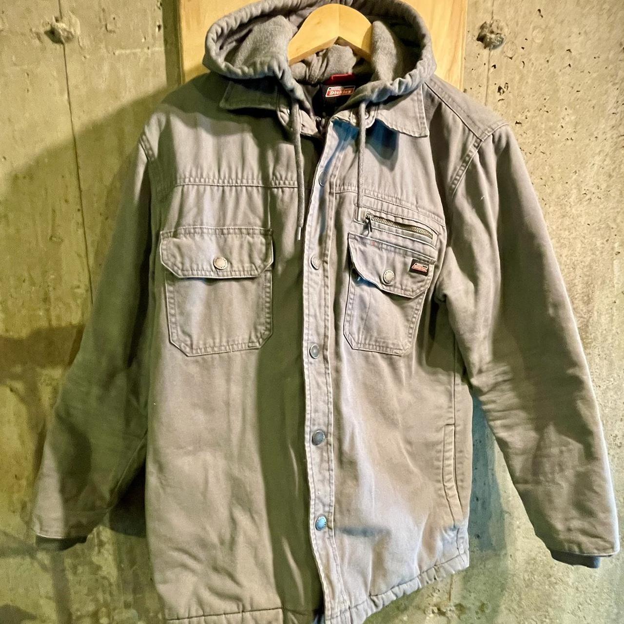 DICKIES-JACKET - Grey Zip/Button -Hooded Jacket.... - Depop