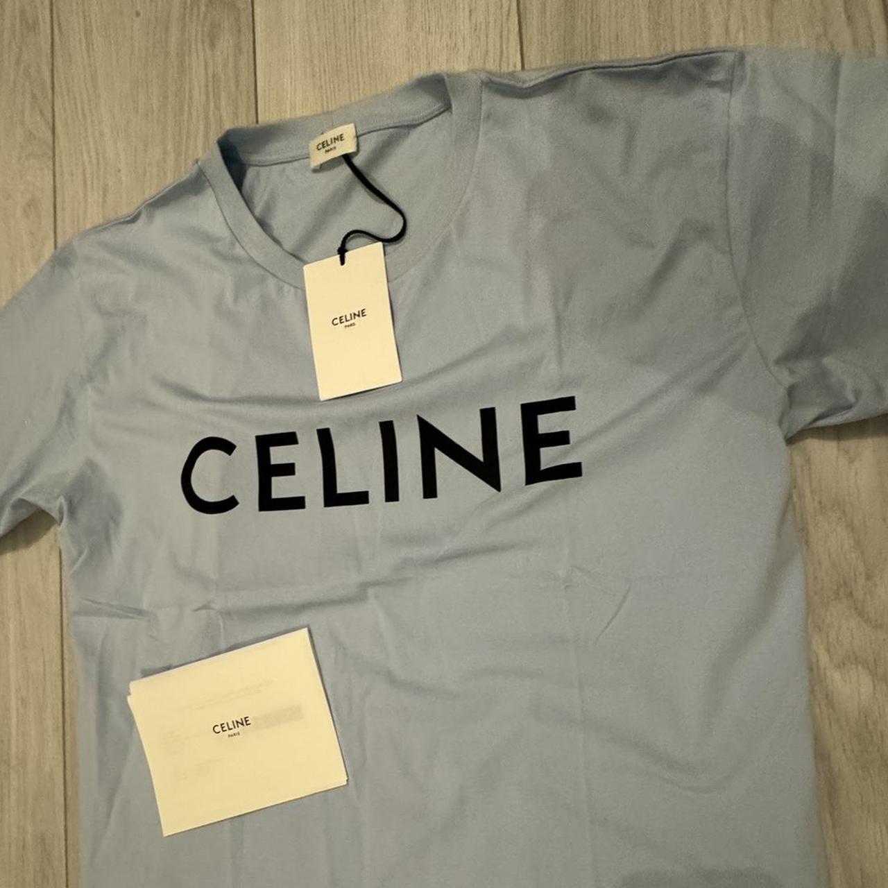 Celine logo t shirt Baby blue Used Small Proof of... - Depop