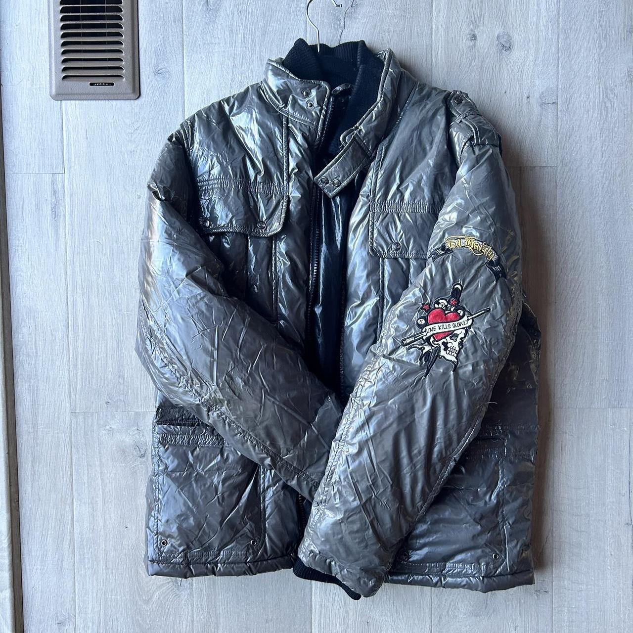 ed hardy grey bomber jacket size xl very good... - Depop