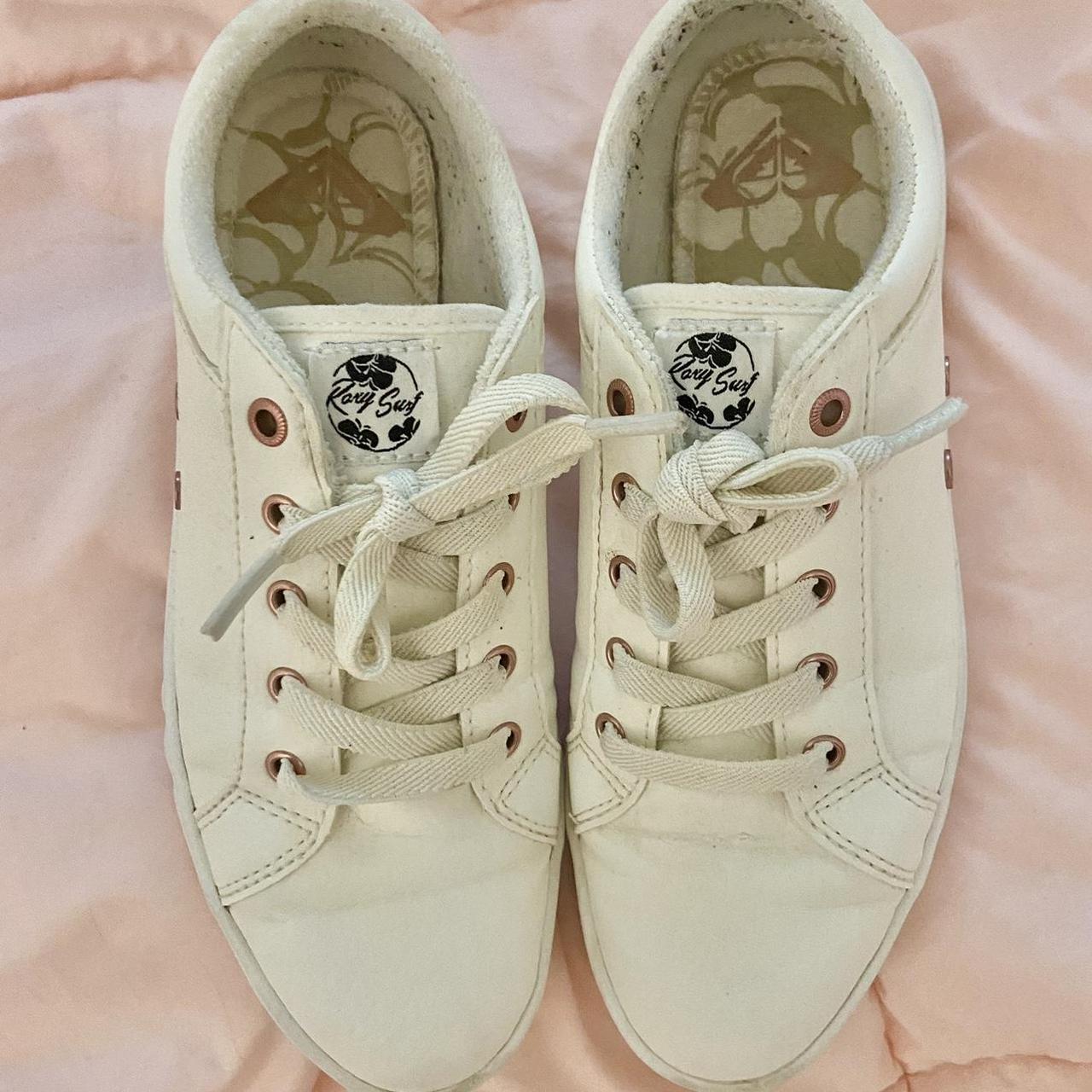Roxy white trainers with rose gold accents only worn... - Depop