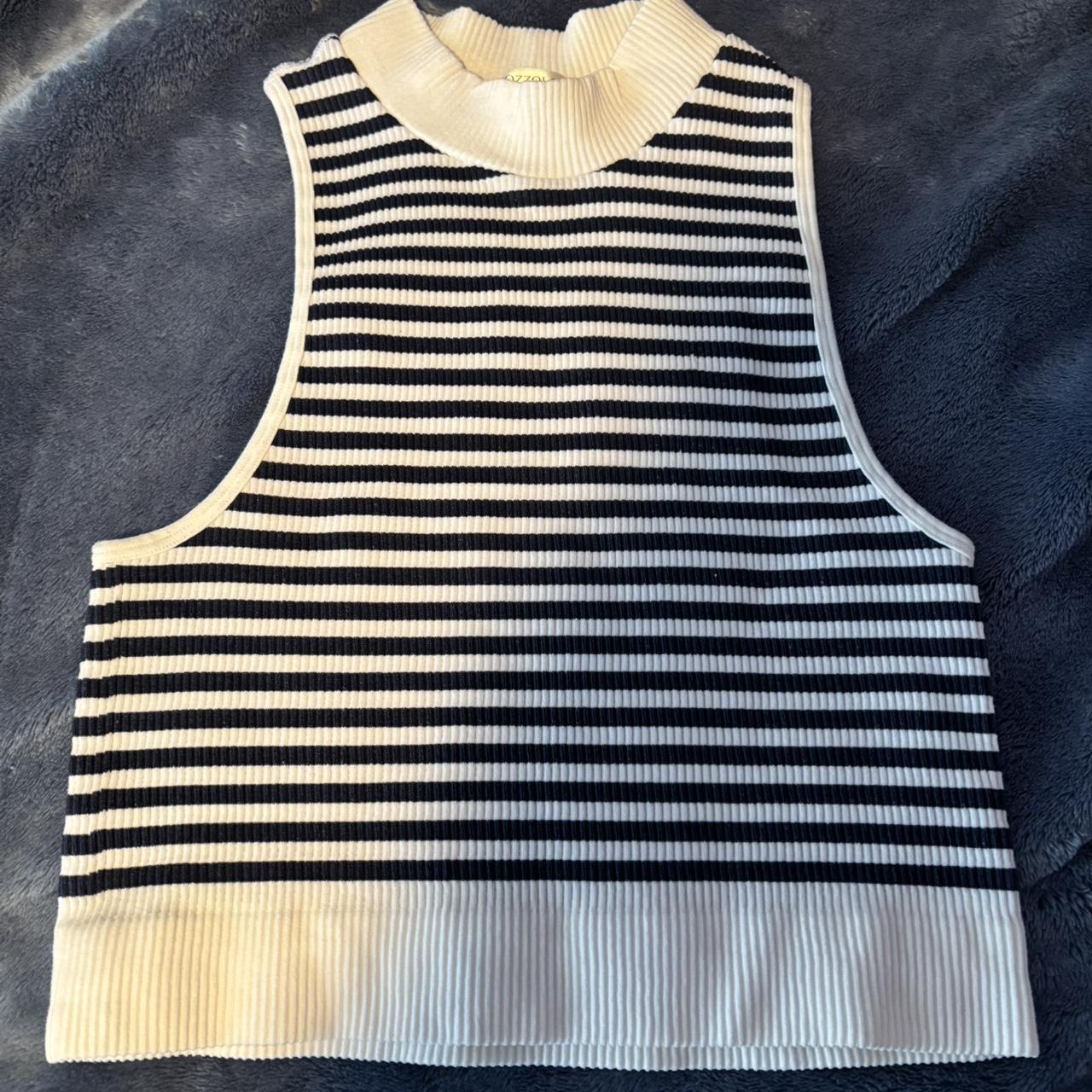 Navy and white striped cropped tank top size m/l... - Depop