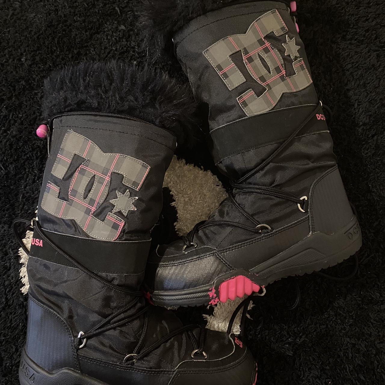 black and pink dc snow boots size... | Depop