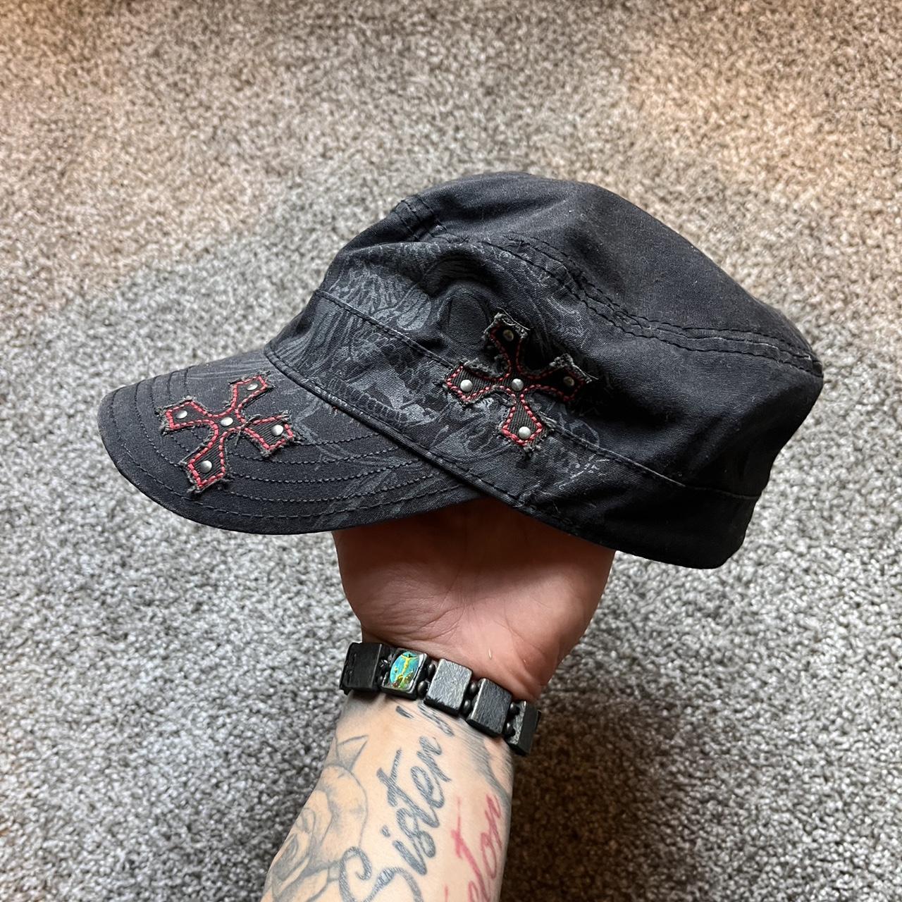 Y2K Black and red cross cap | Depop