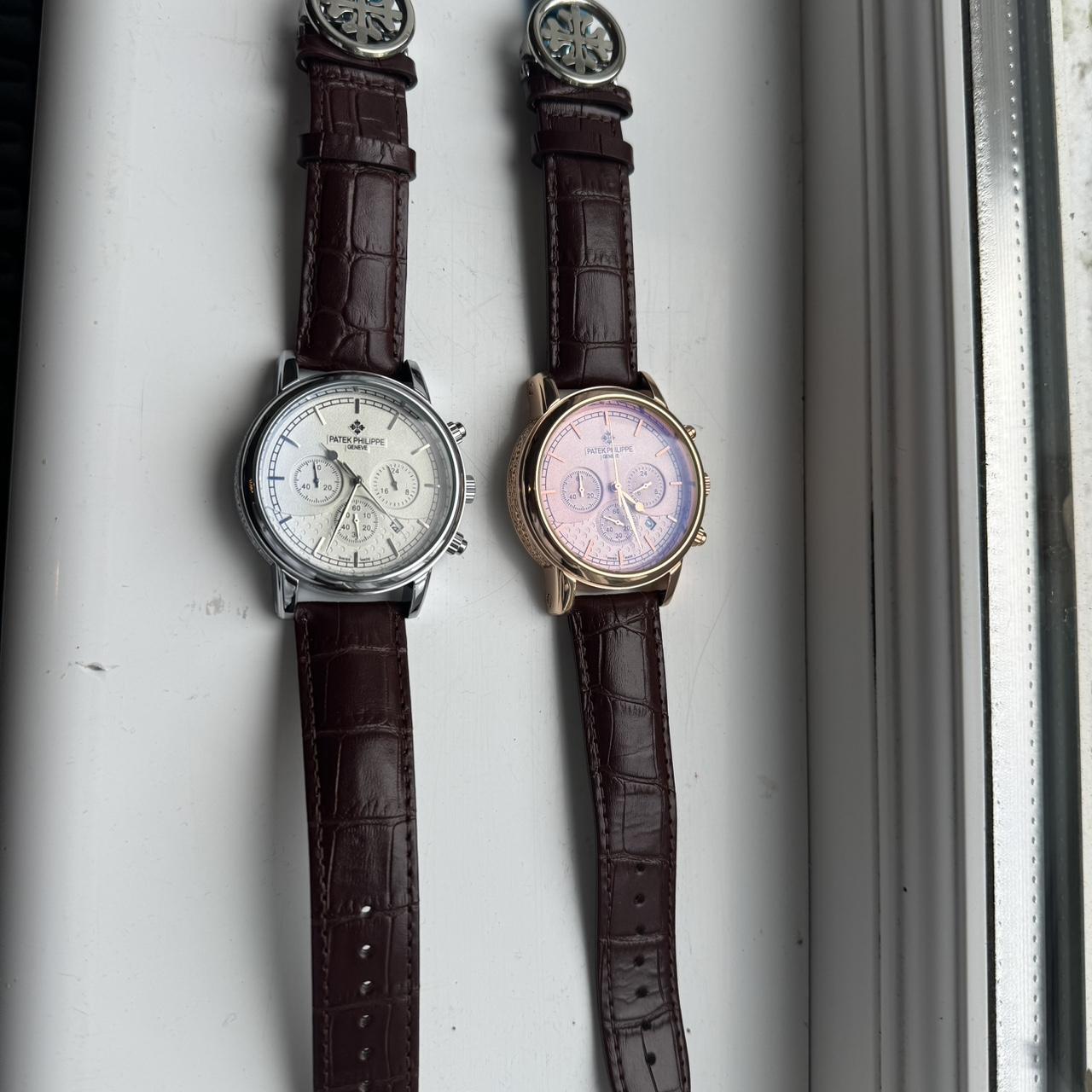 Patek Philippe Luxury Brown Leather Silver Watch... - Depop