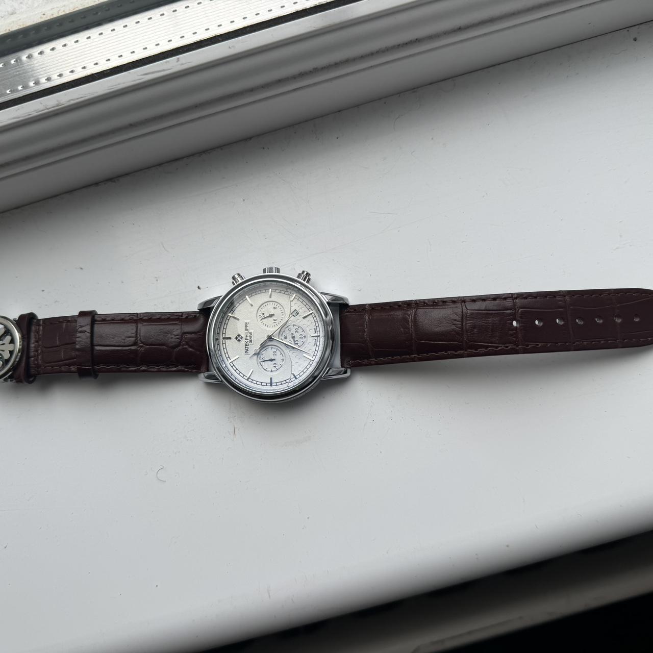 Patek Philippe Luxury Brown Leather Silver Watch... - Depop