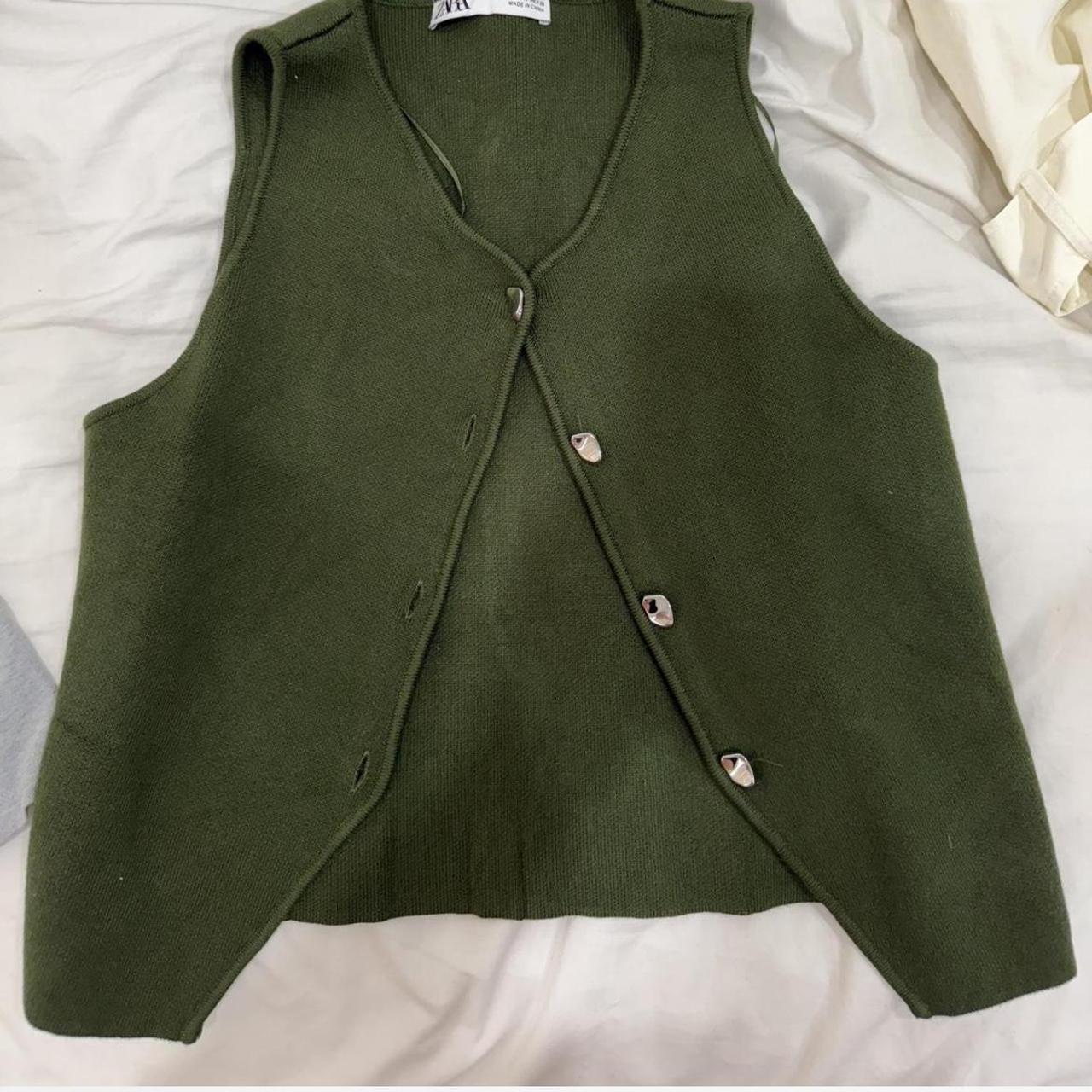 Zara Green Button Up Vest - knit stretch material -... | Depop