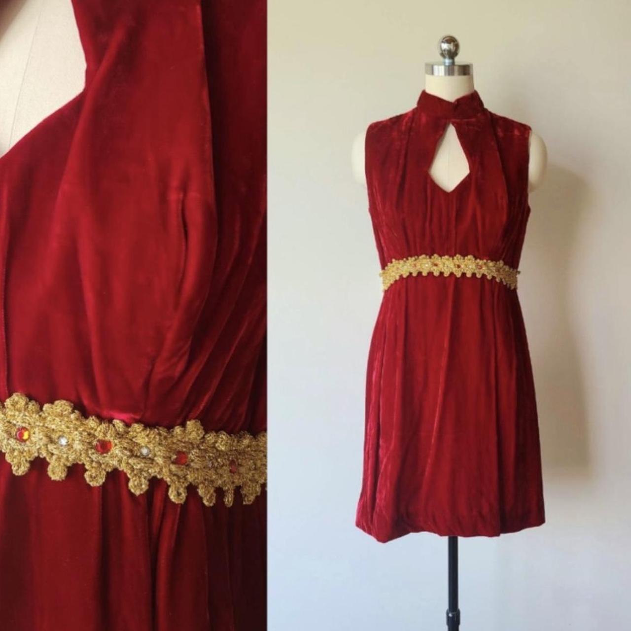 60s medieval ruby red velvet empire waist keyhole... - Depop