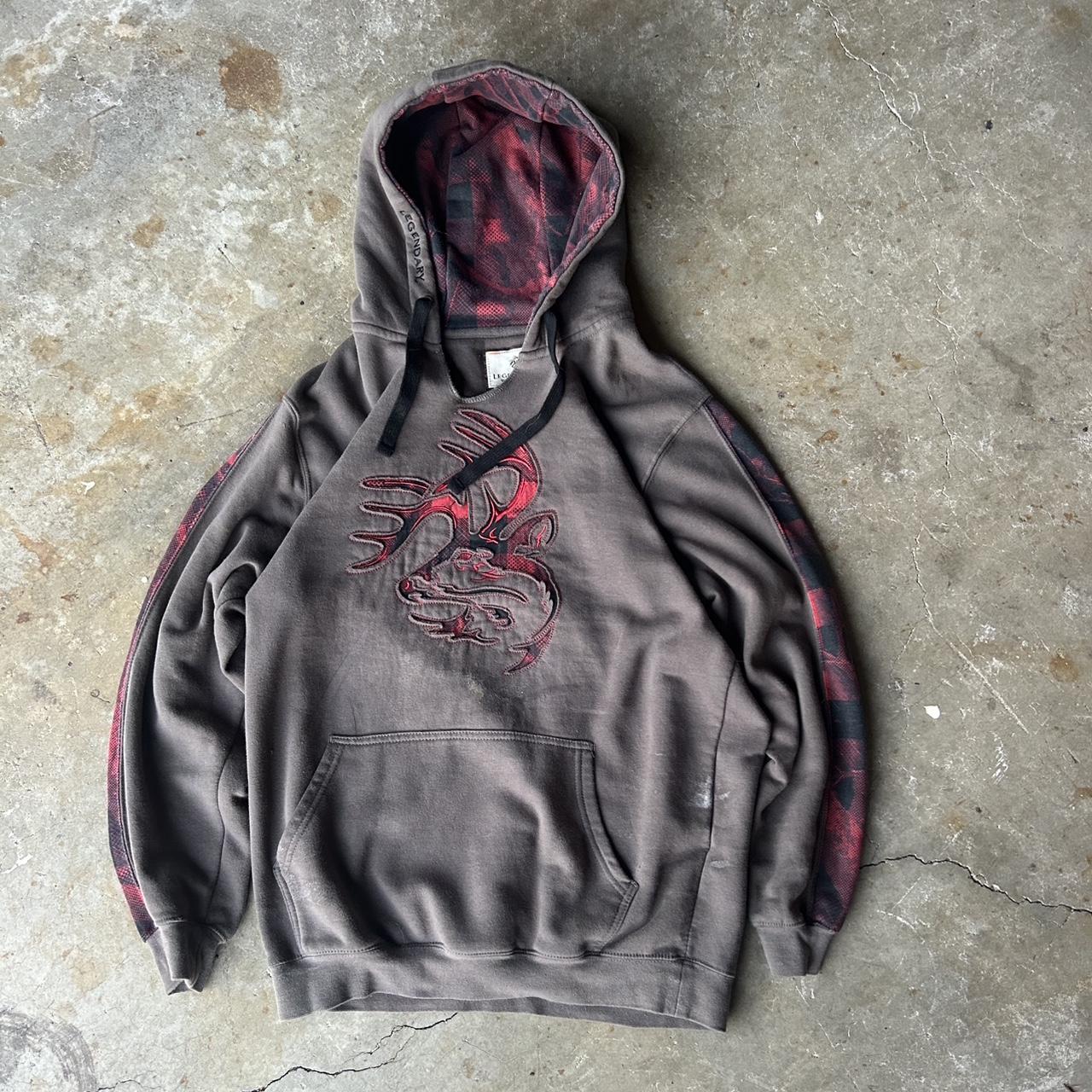 Grey buck hoodie with black and red designs plaid... - Depop