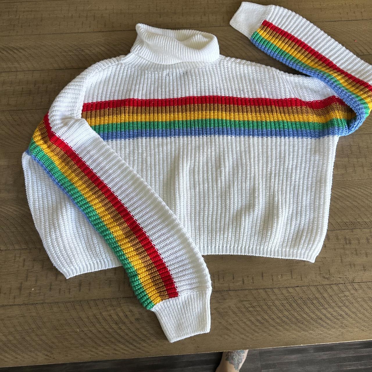 Rainbow turtleneck striped sweater - Size Large ... - Depop