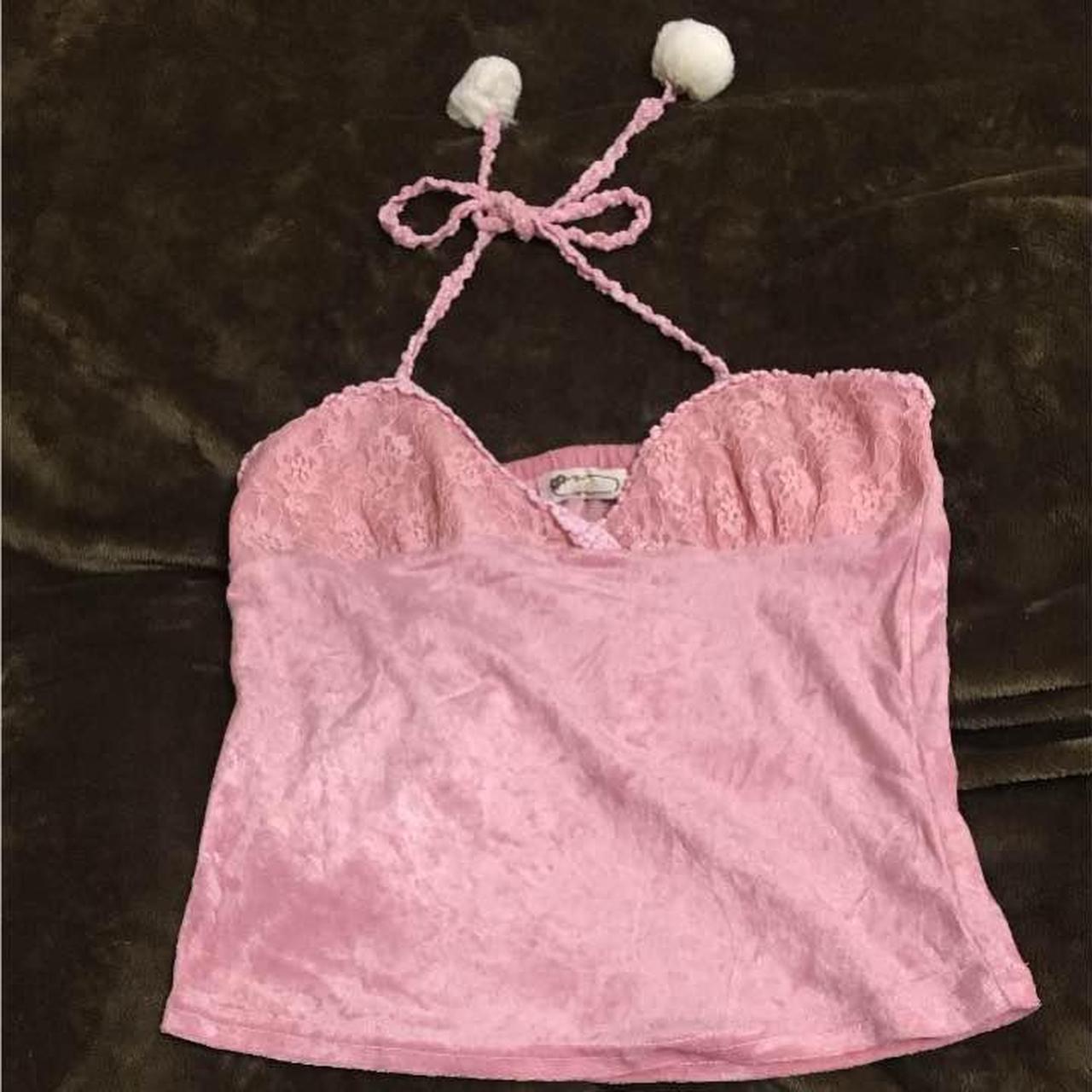 Liz Lisa Pink velvet camisole top with white pom poms - Depop